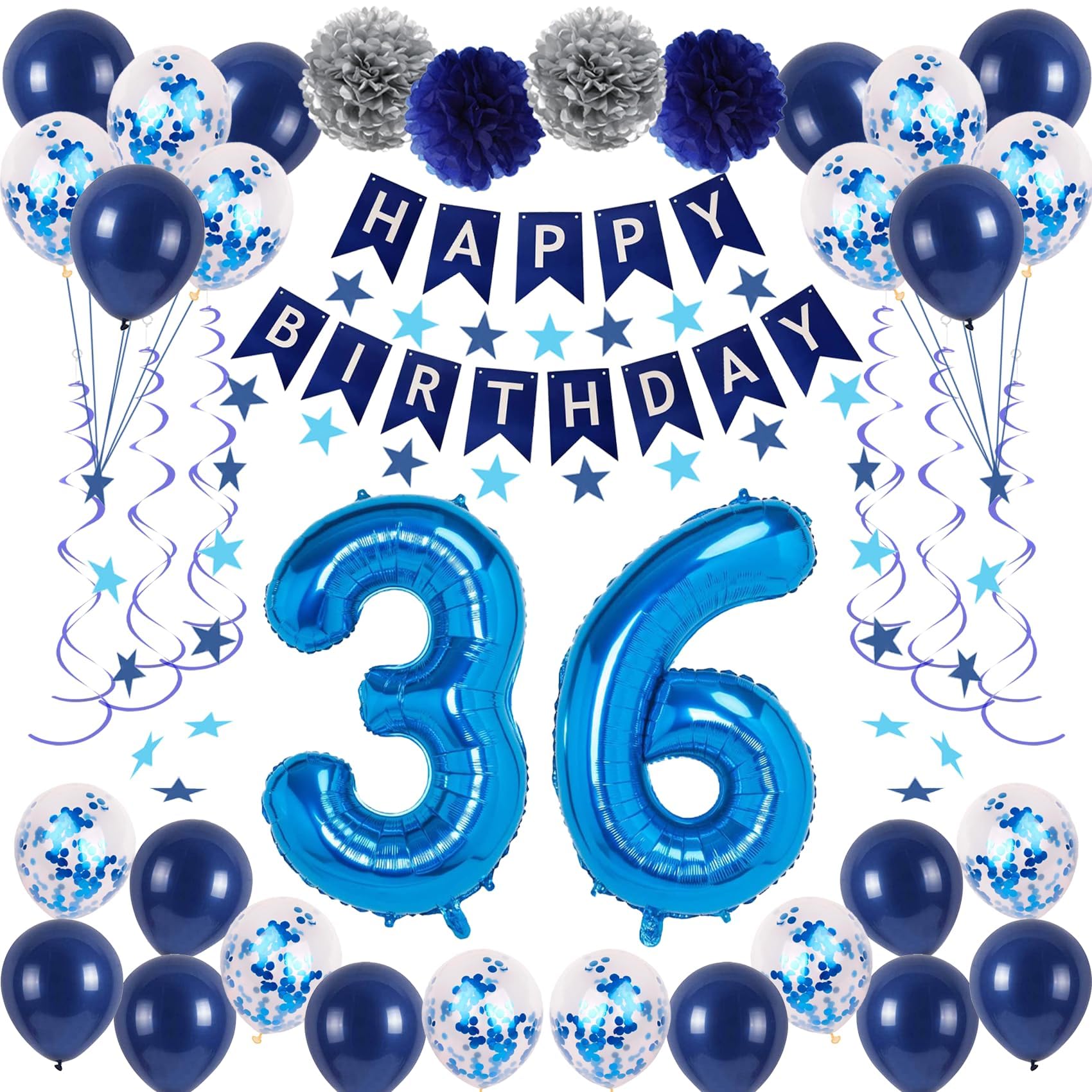 Amazon.com: NANINUNENO 36th Blue Birthday Party Decorations for Boy ...