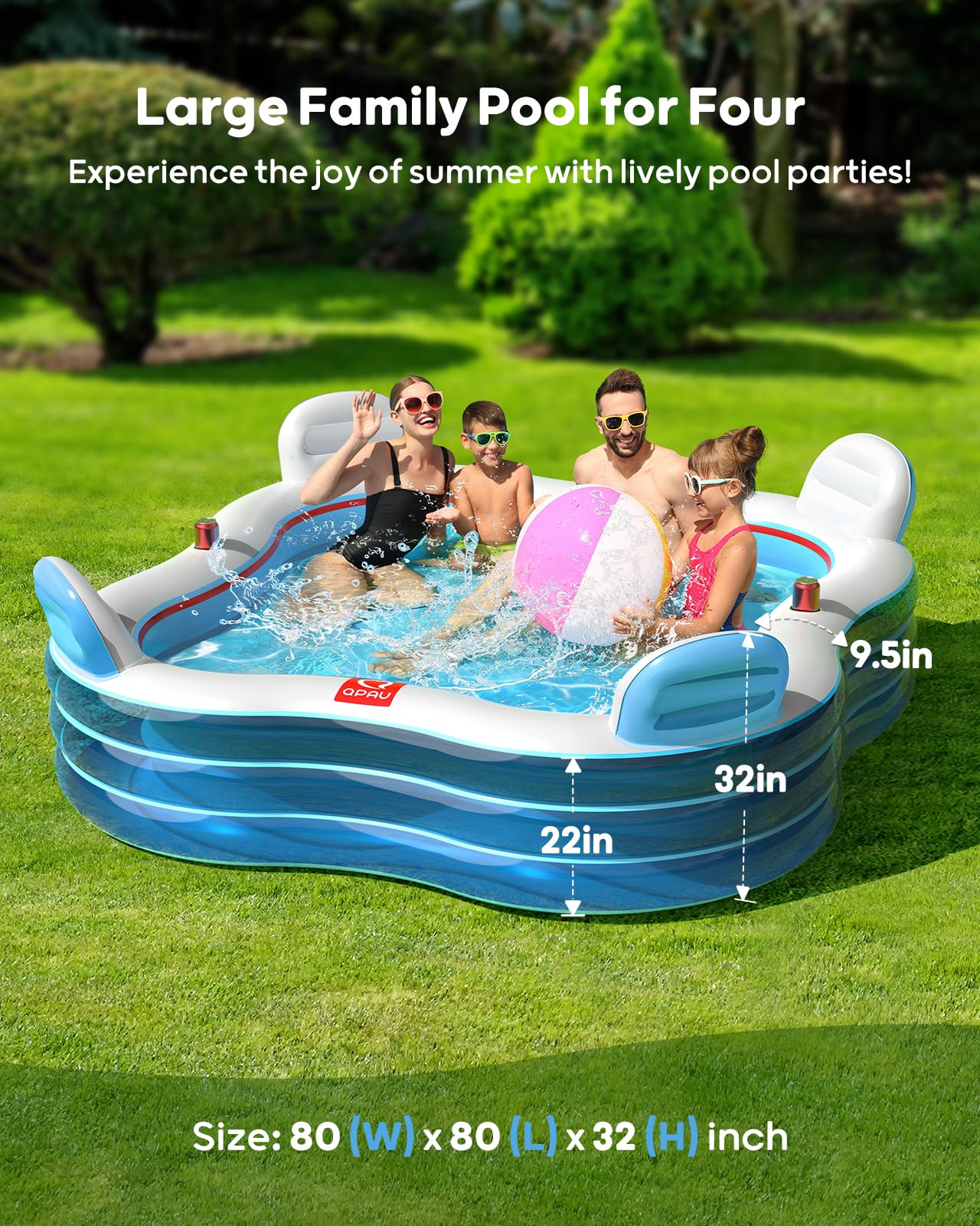 QPAU Inflatable Swimming Pool,Full-Sized Blow Up Pool with Seats and ...
