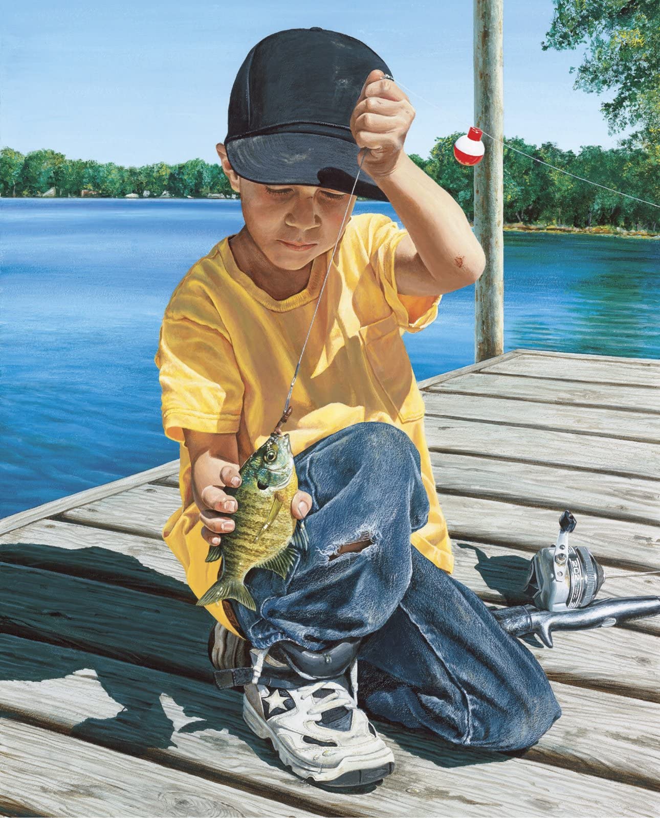 Amazon.com: Sunny Catch Boy with Perch On Pier Cotton Panel David ...