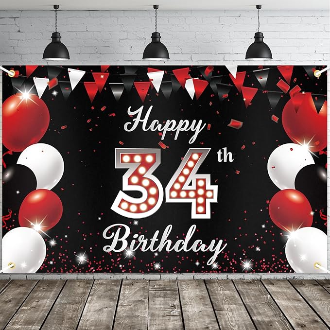 Amazon.com: JOYKY Happy 34th Birthday Banner, Red Black Happy 34th ...
