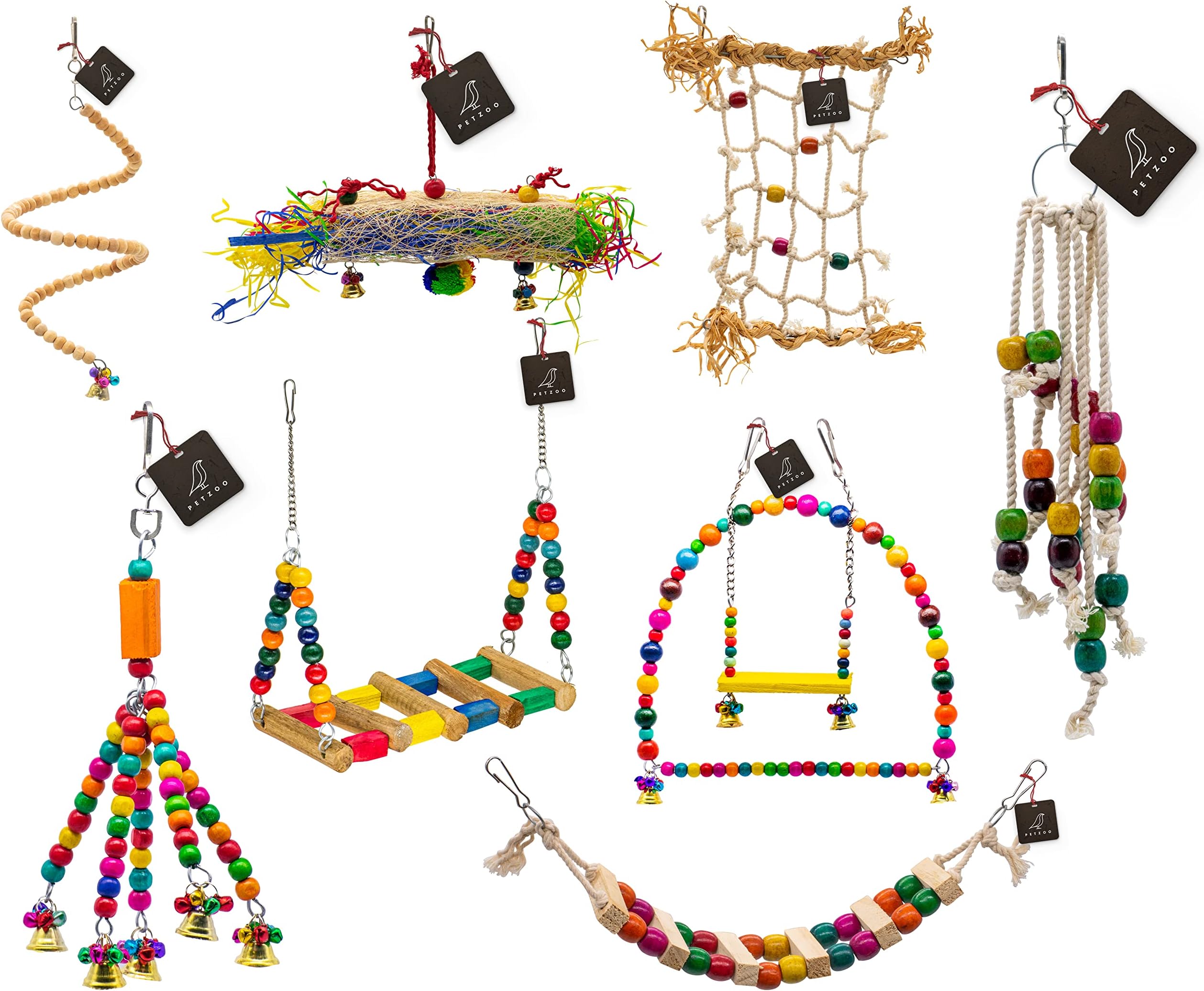 PETZOO Bundle of 8 Birds Toys Climbing Net, Paper Shredded Foraging ...