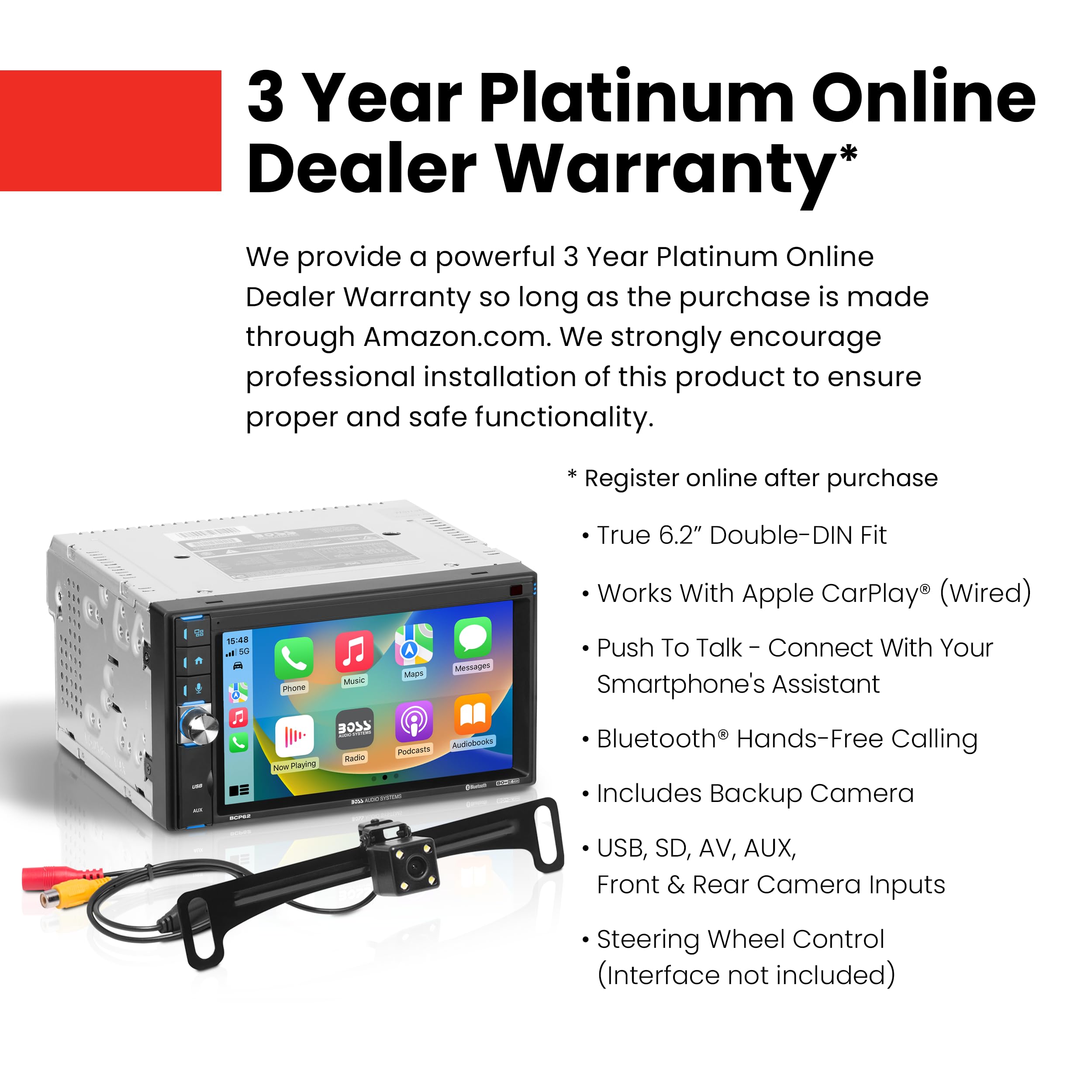 Snapklik.com : BCP62-RC Car Stereo - Apple CarPlay, Double Din, 6.2 ...