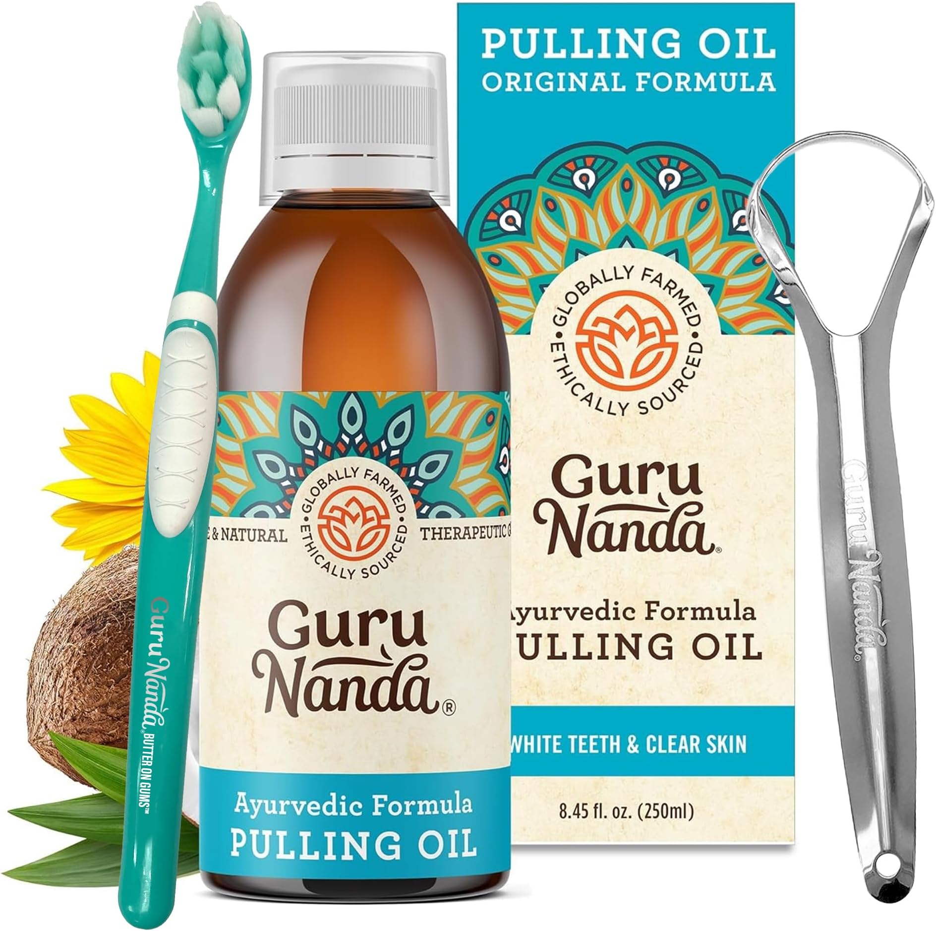 Amazon.com: GuruNanda Original Oil Pulling with Tongue Scraper, Alcohol ...