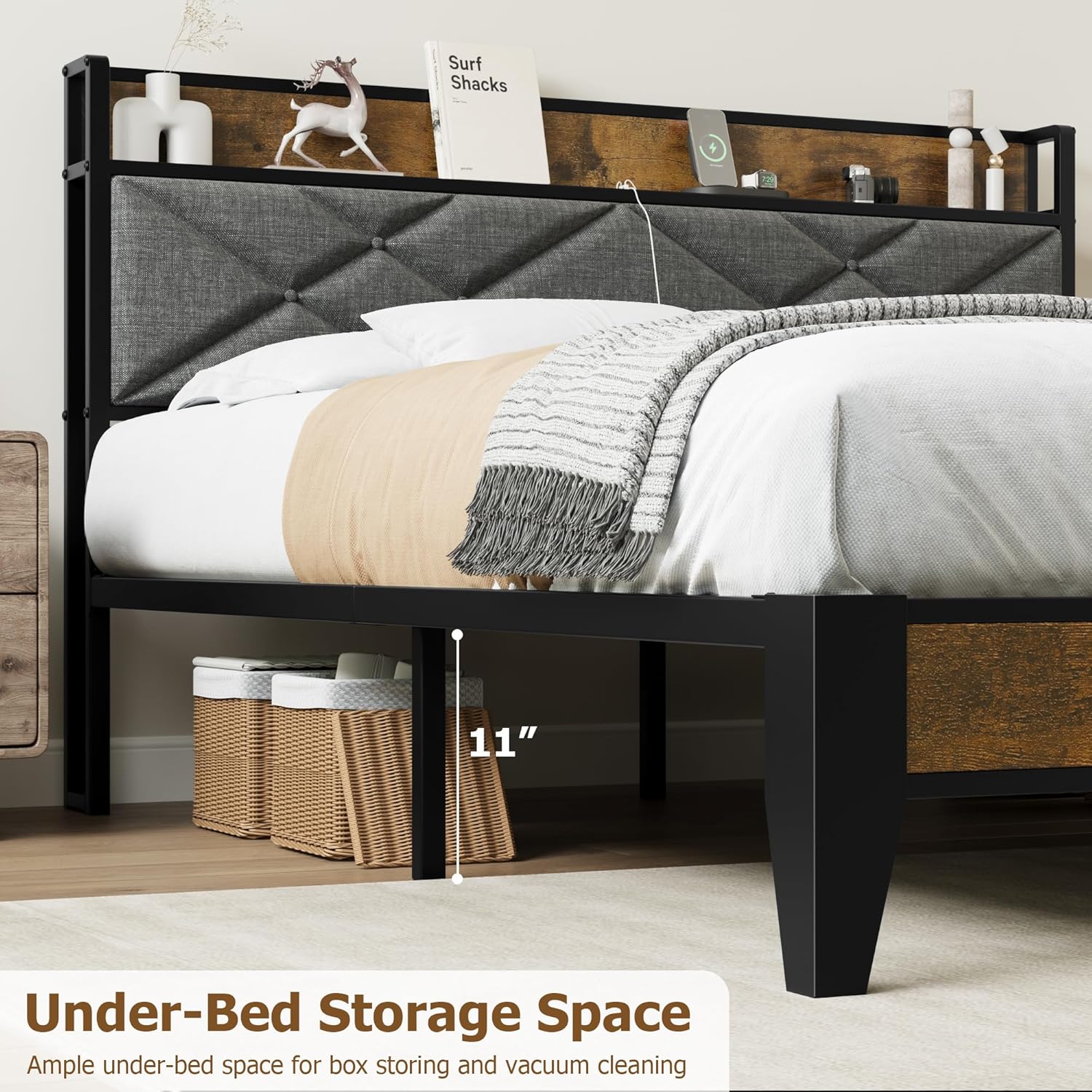 Gaomon Marco de cama Queen con estación de carga, cama de plataforma de ...