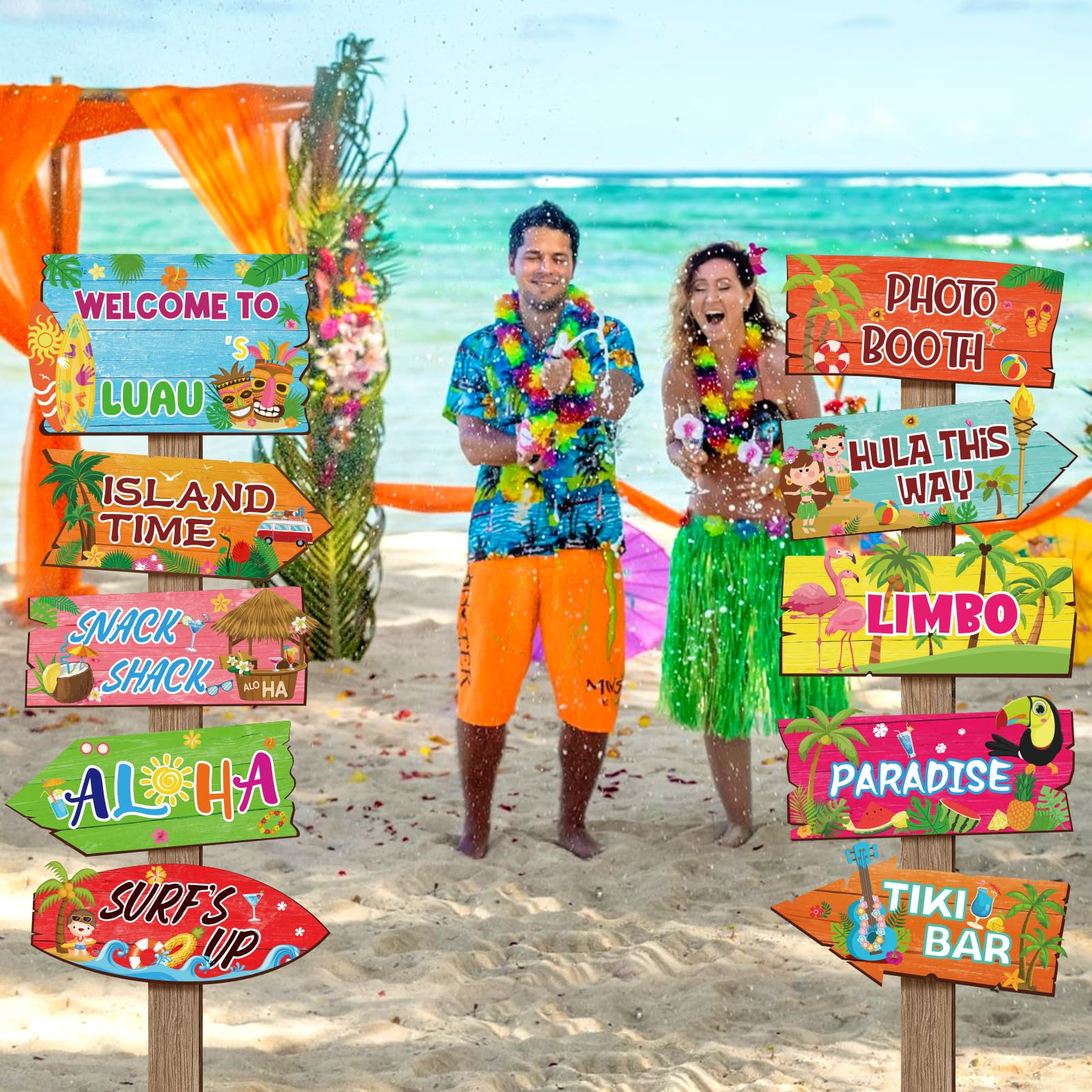 Hawaiian Luau Party Signs Tropical Luau Tiki, Flower, And Leaf Lawn
