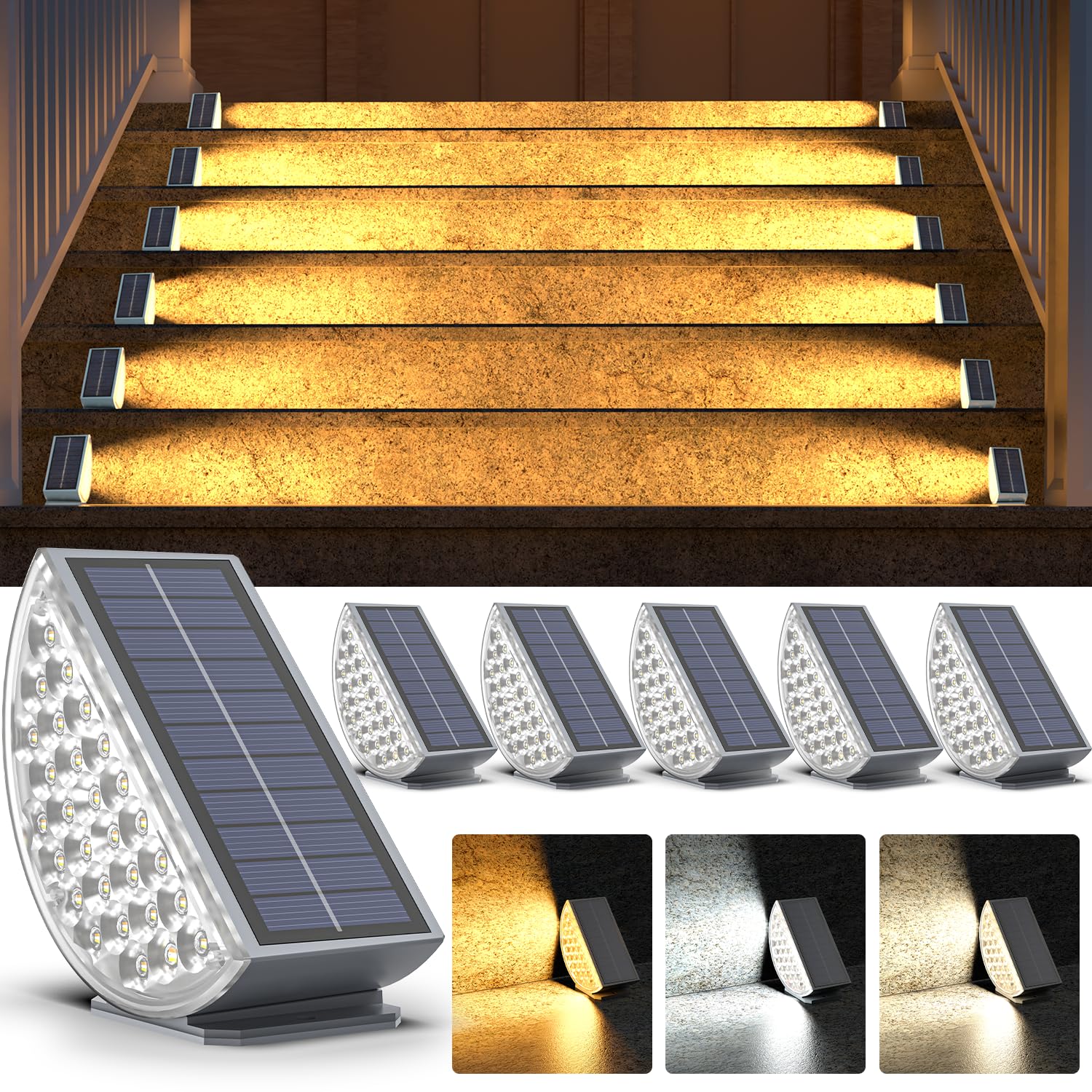 Snapklik.com : Solar Stair Lights 6 Pack, 3 Color Temperature Light ...