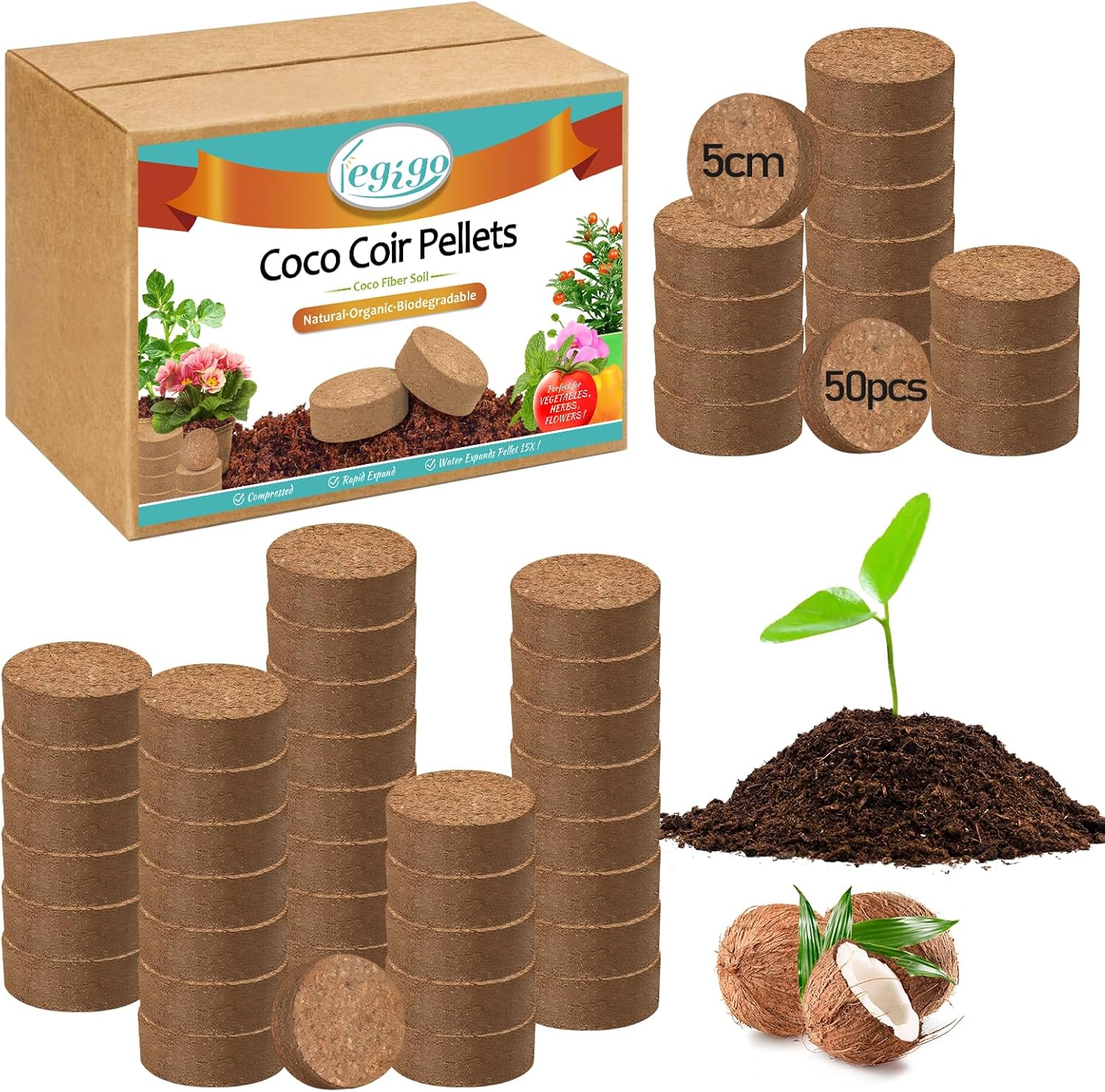 Amazon.com : Legigo 50 Pcs 50mm Organic Coco Coir Pellets for Plants ...
