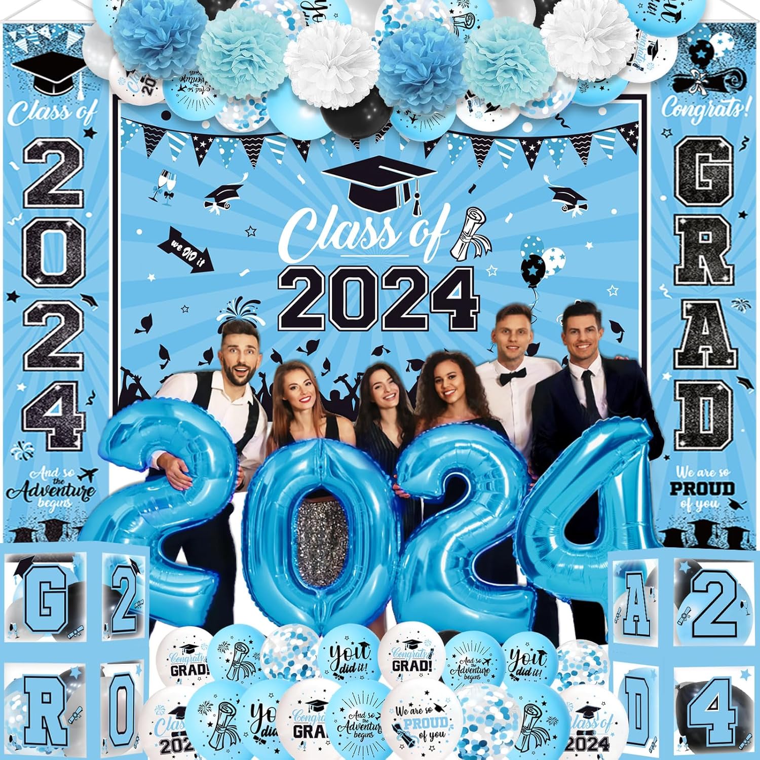 97Pcs Light Blue Graduation Decorations Class of 2024 Backdrop Grad ...