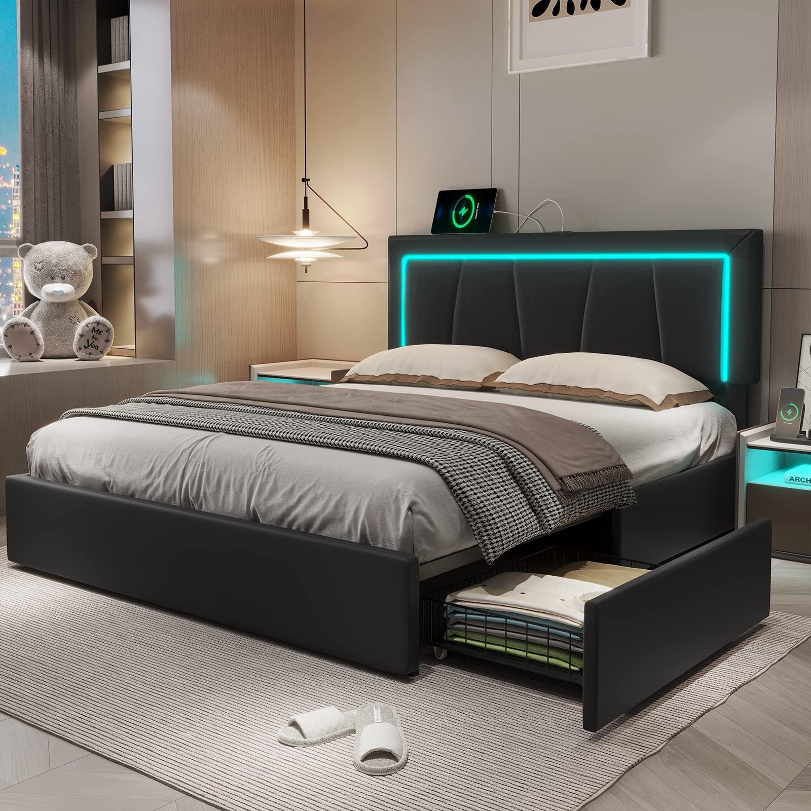 Amazon.com: Hasuit Queen Bed Frame with 4 Storage Drawers, LED Light ...