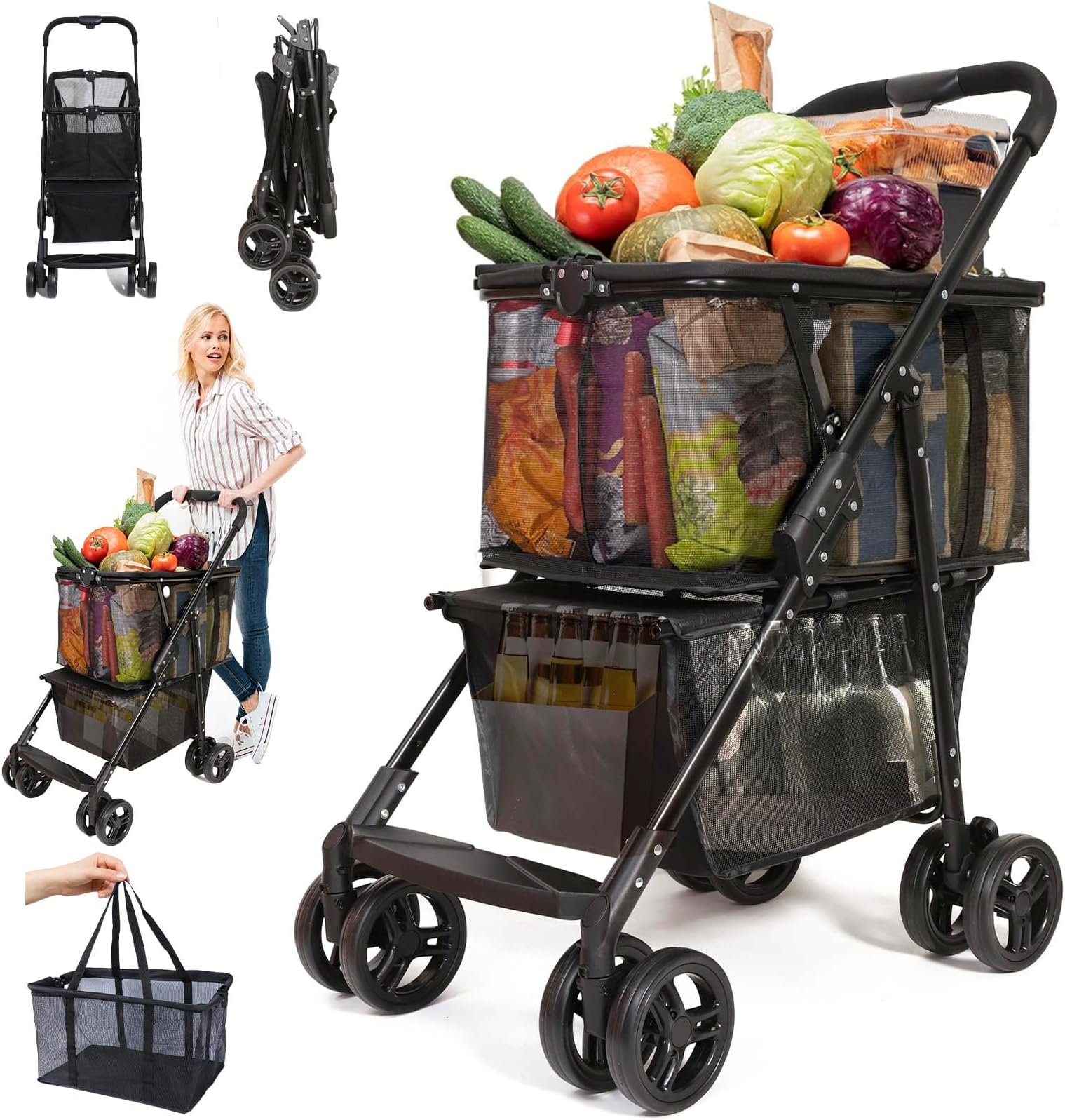 Amazon.com: Collapsible Groceries Shopping Cart Portable Grocery Pet ...