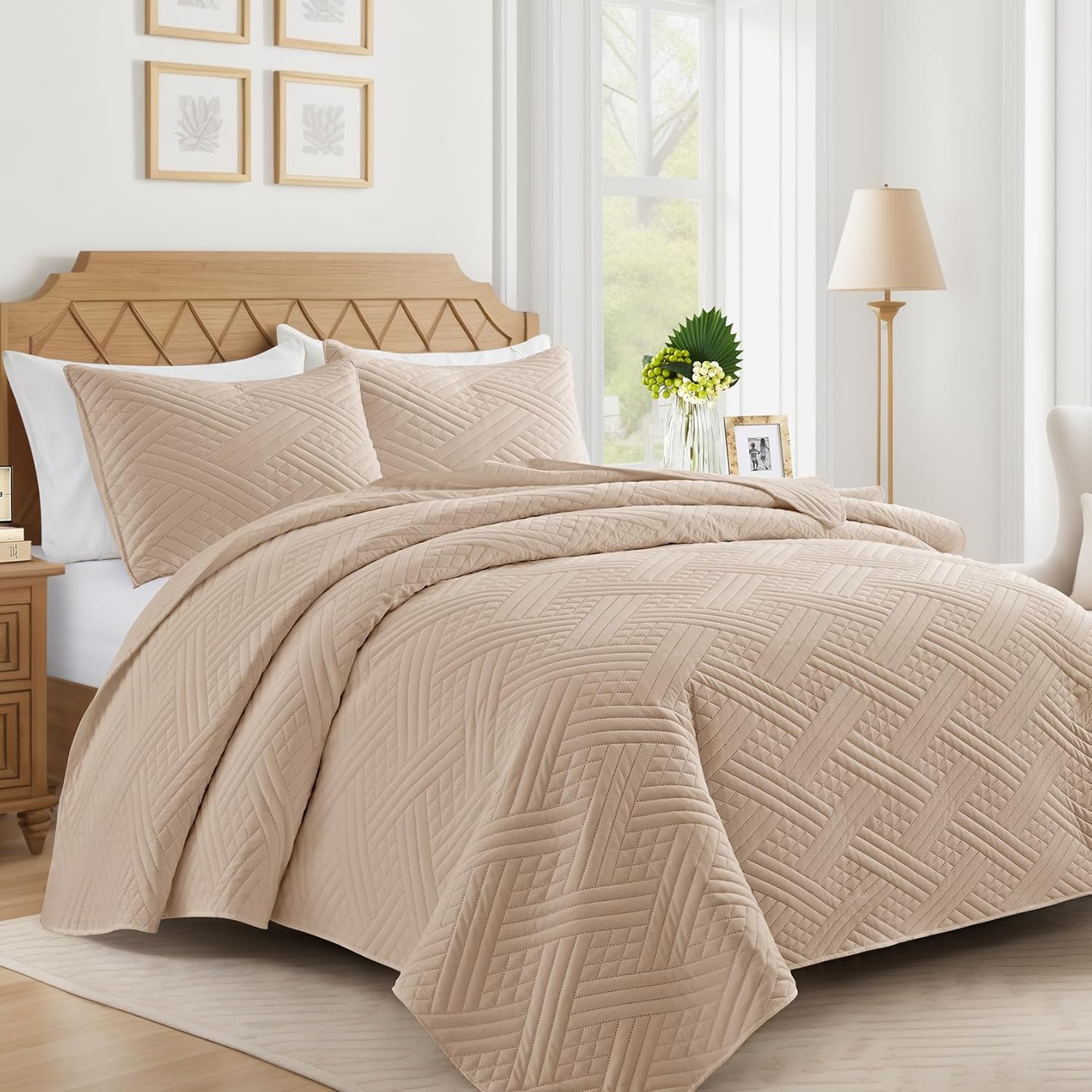 Amazon.com: Lavsiry Light Camel Quilt Twin Size with Striped Pattern ...