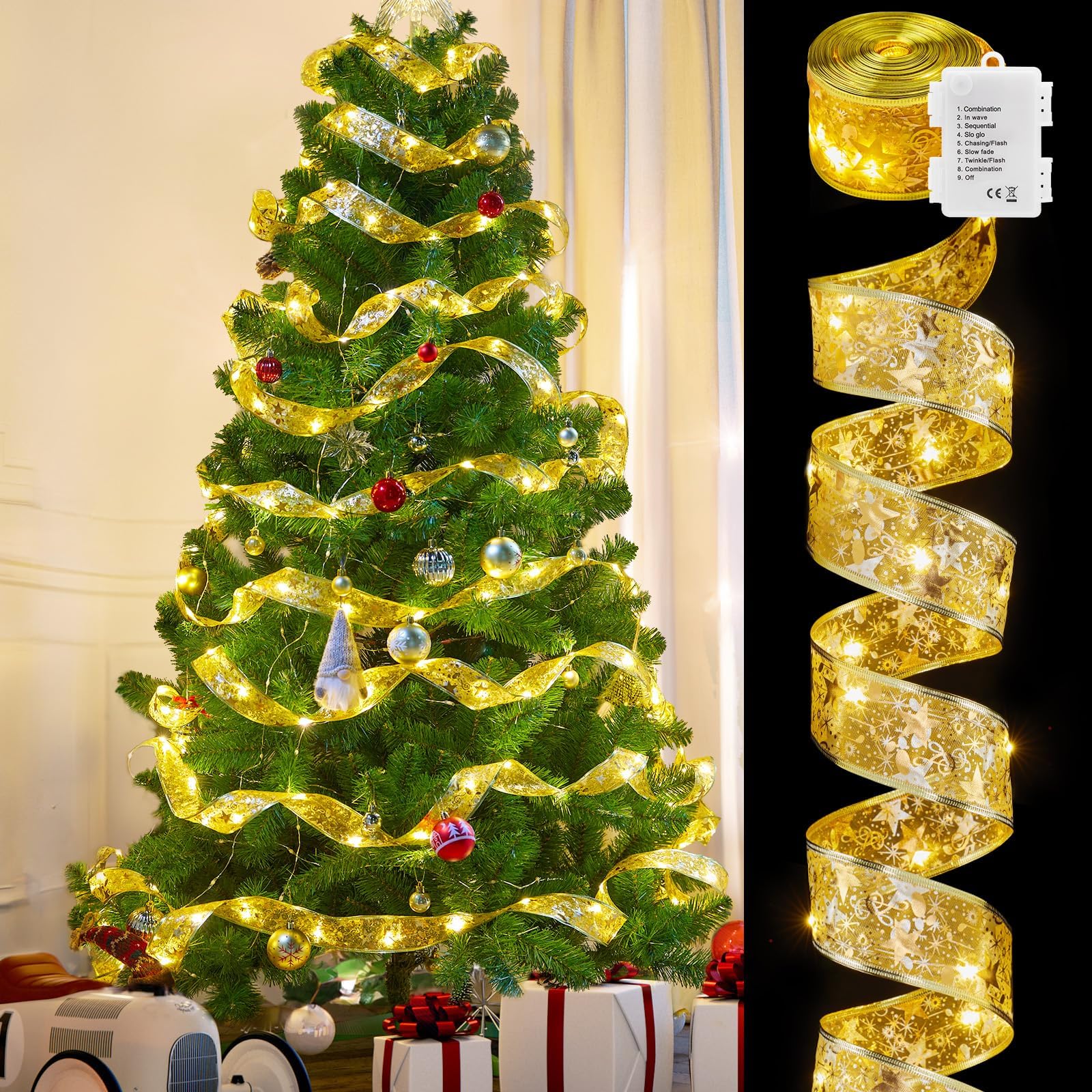 Amazon.com: 2 Pack 32.8 Feet Christmas Ribbon Lights 100 LED Battery ...