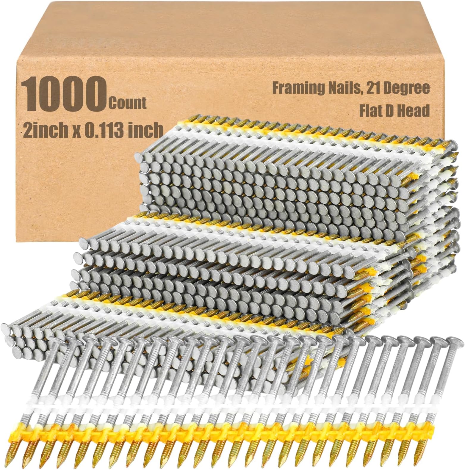 Therwen Framing Nails, 21 Degree, Flat D Head, Galvanized, Ring Shank ...