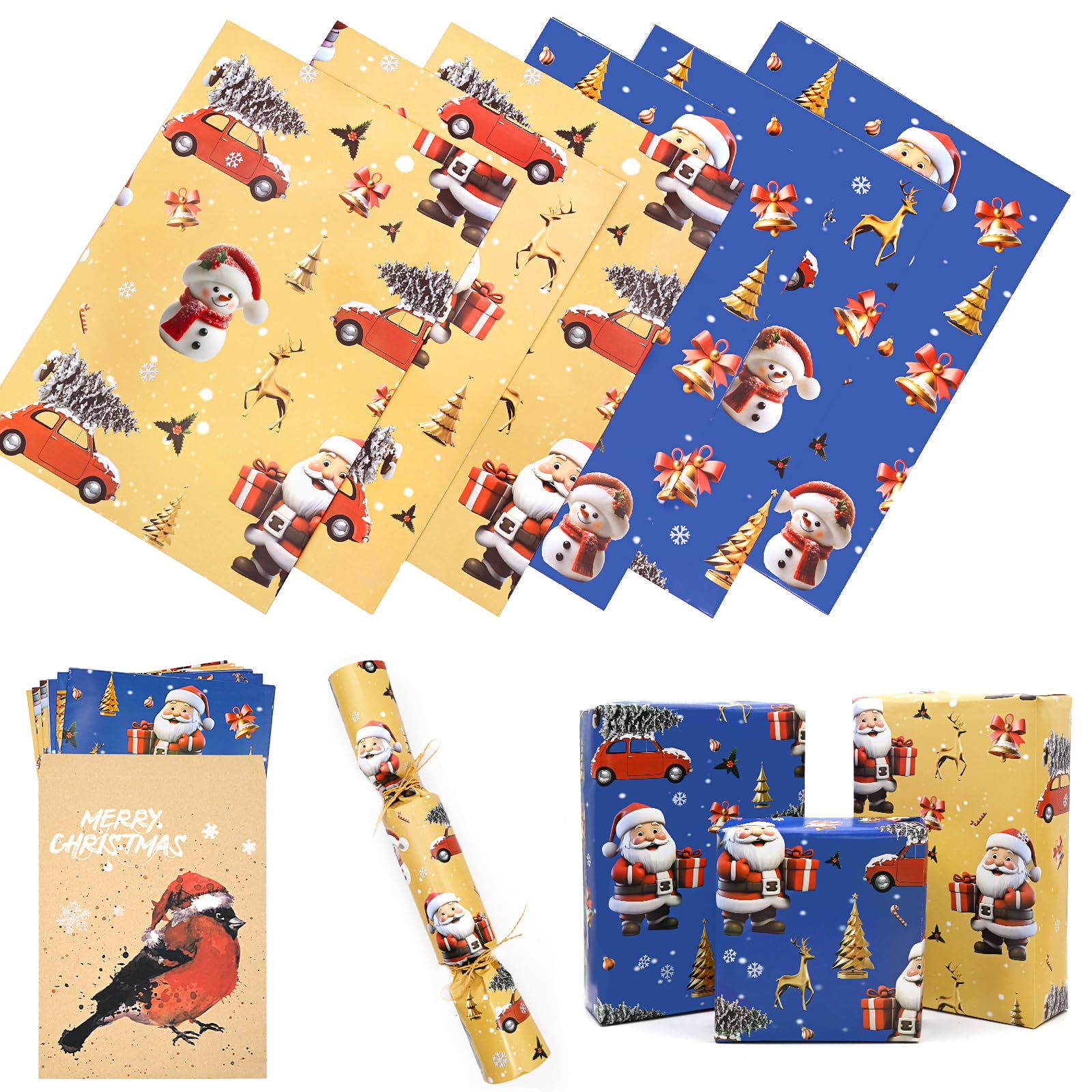 Christmas Wrapping Paper - 6 Sheets 70cm x 50cm Brown and Blue Santa ...