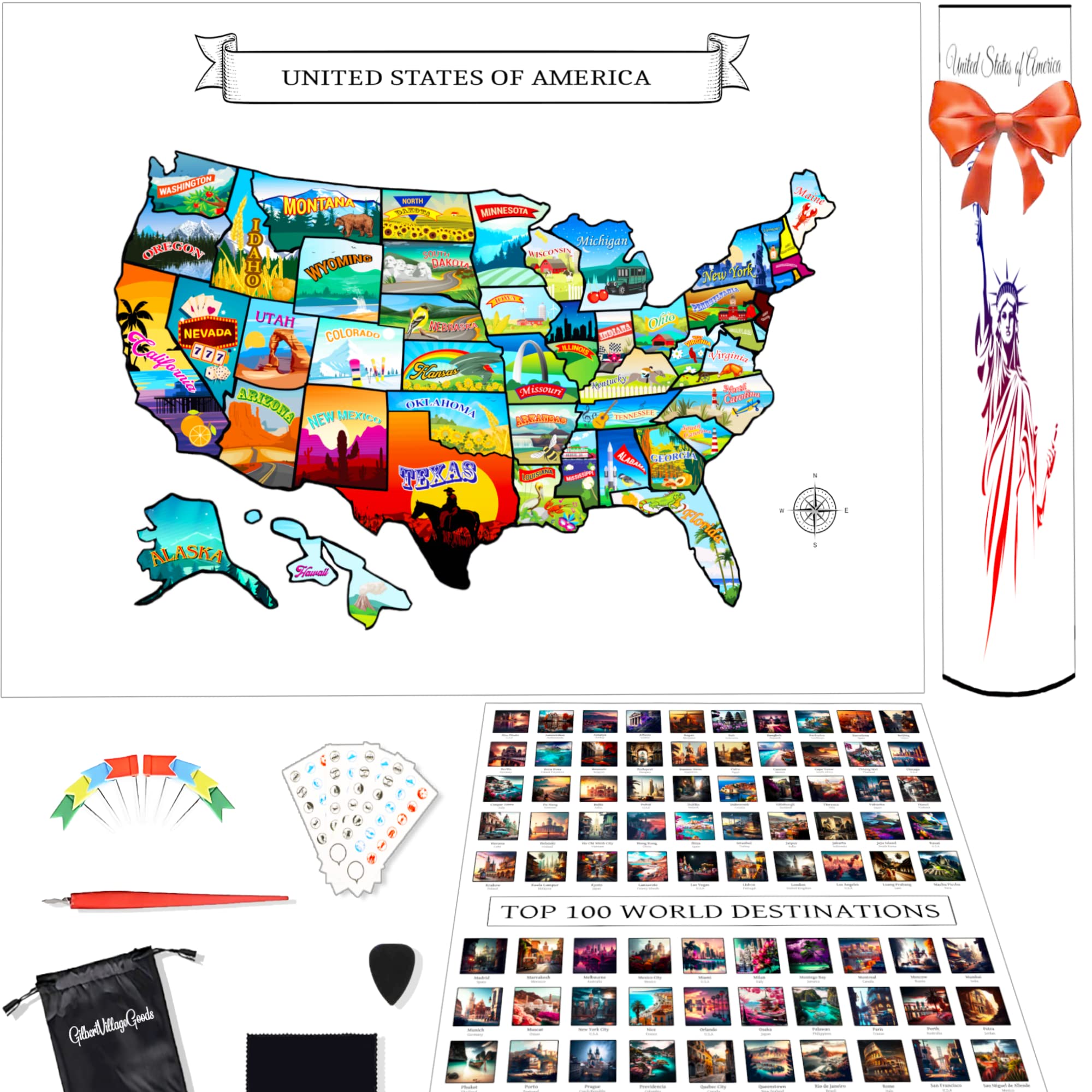 (2 Posters) Large Scratch Off Map of United States 23x16 inch + BONUS ...