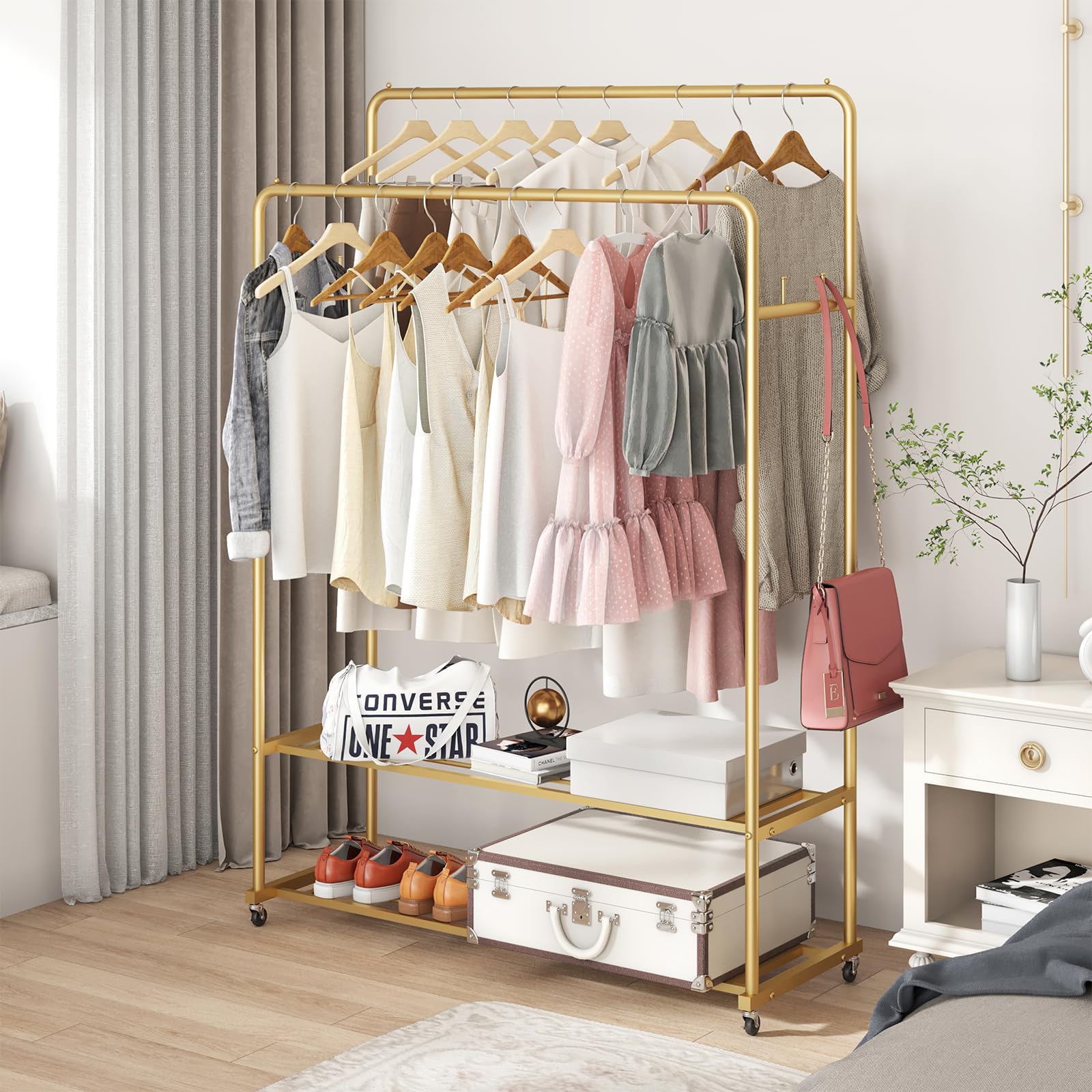 Snapklik.com : Double Rod Rolling Gold Clothing Garment Rack, Metal ...