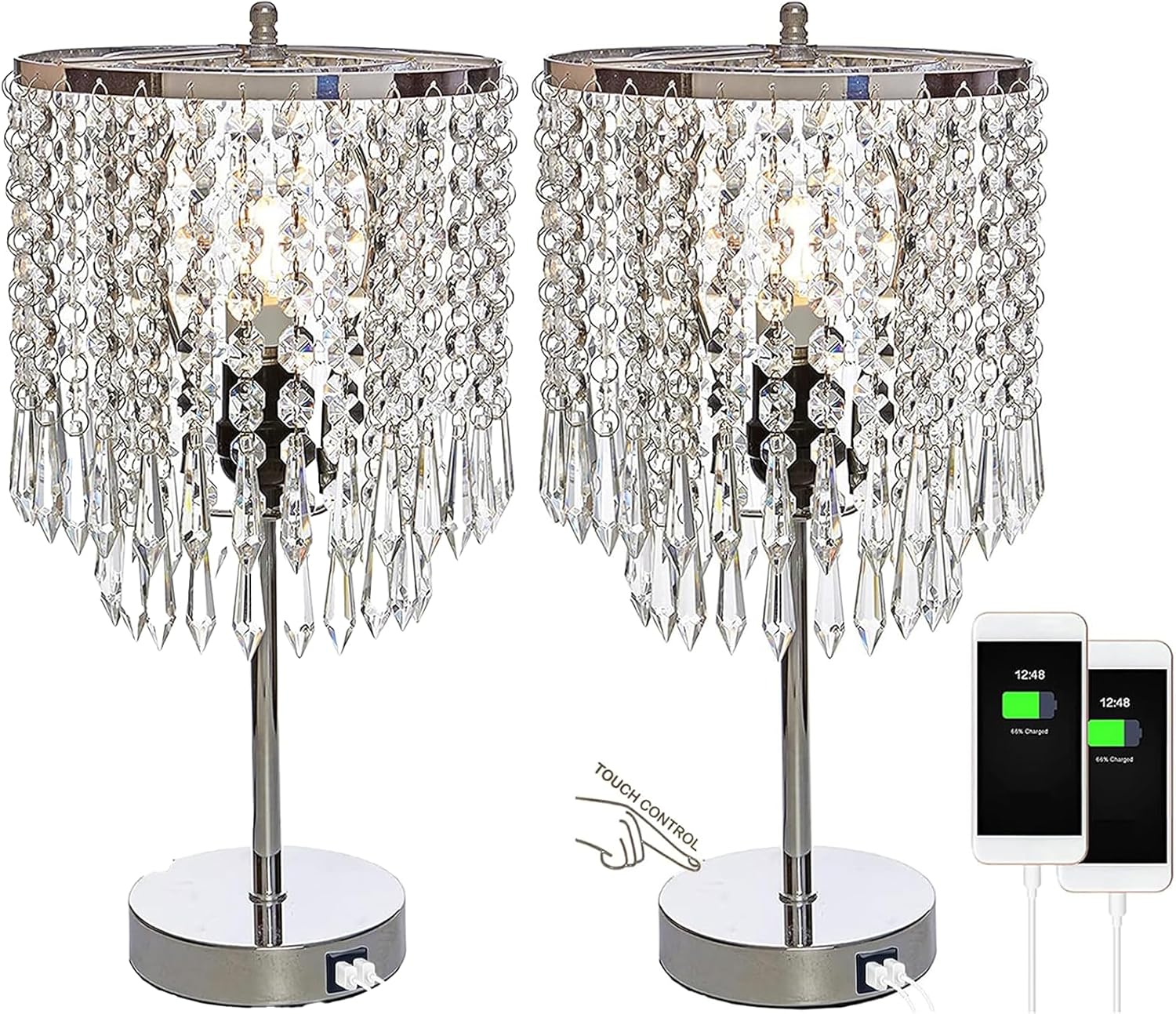 Touch Control Crystal Table Lamp Set of 2,Dual USB Charging Ports, 3 ...