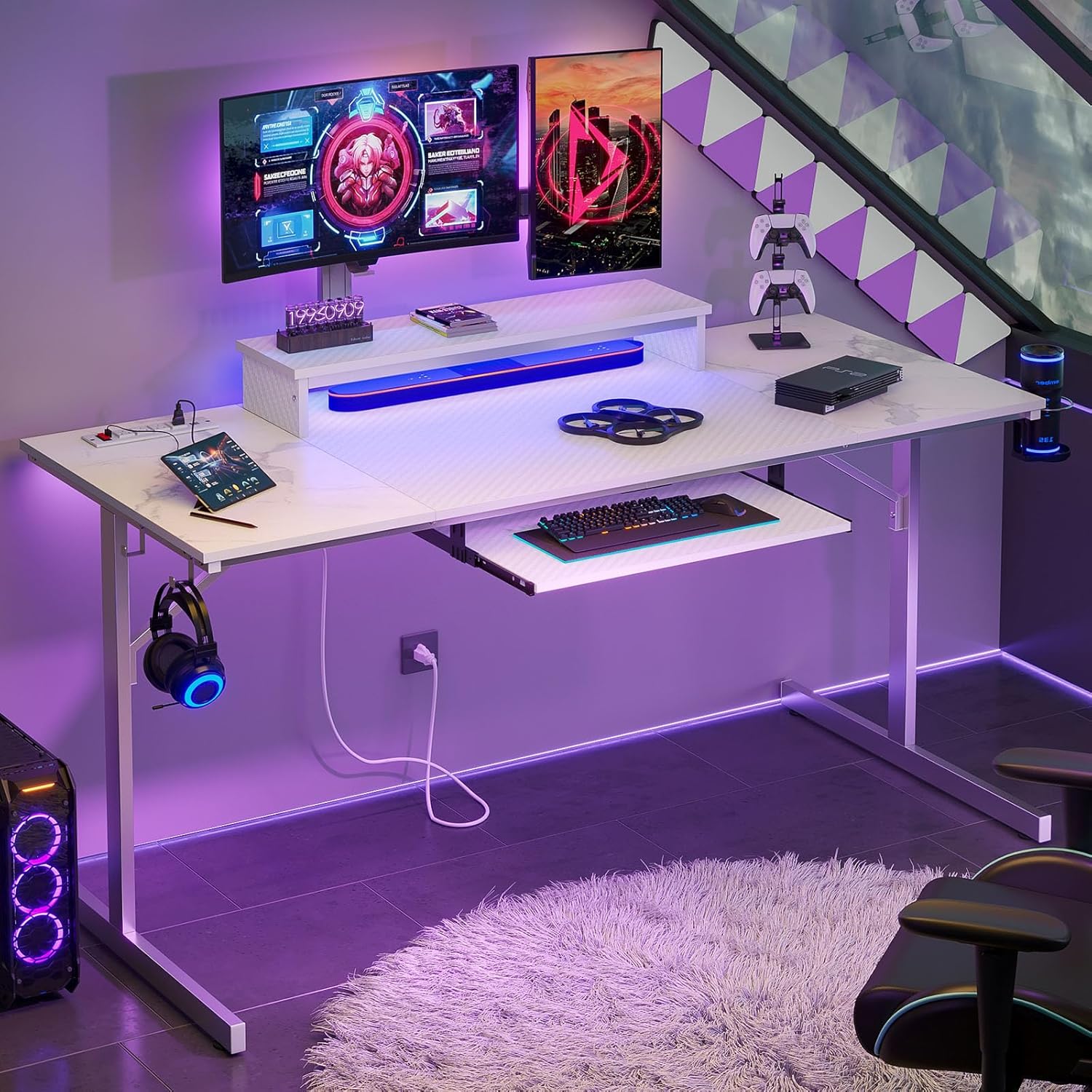 Amazon.com: Bestier 63 Inch Gaming Desk with LED Lights & Power Outlets ...