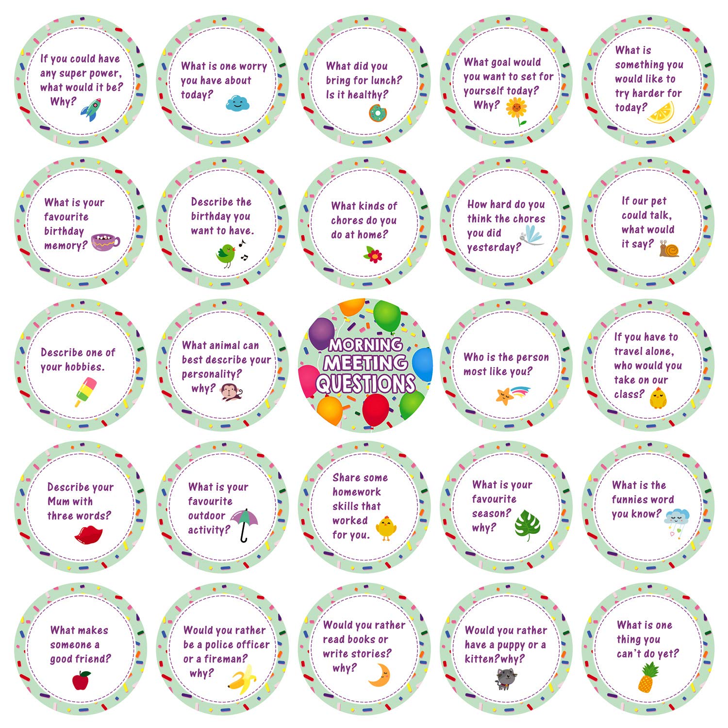 Buy 50 Morning Meeting Chips Questions Cards for Students, Classroom ...