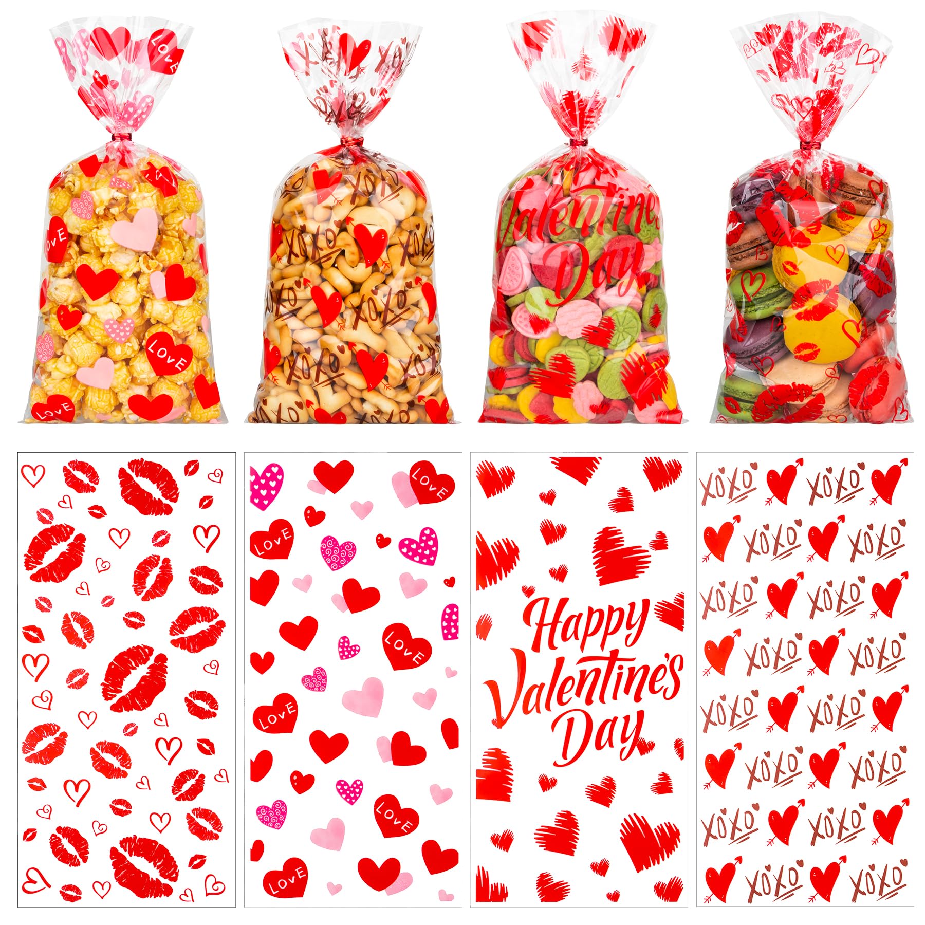 Amazon.com: RICEDUO 100 Pieces Valentine's Day Cellophane Treat Bags ...