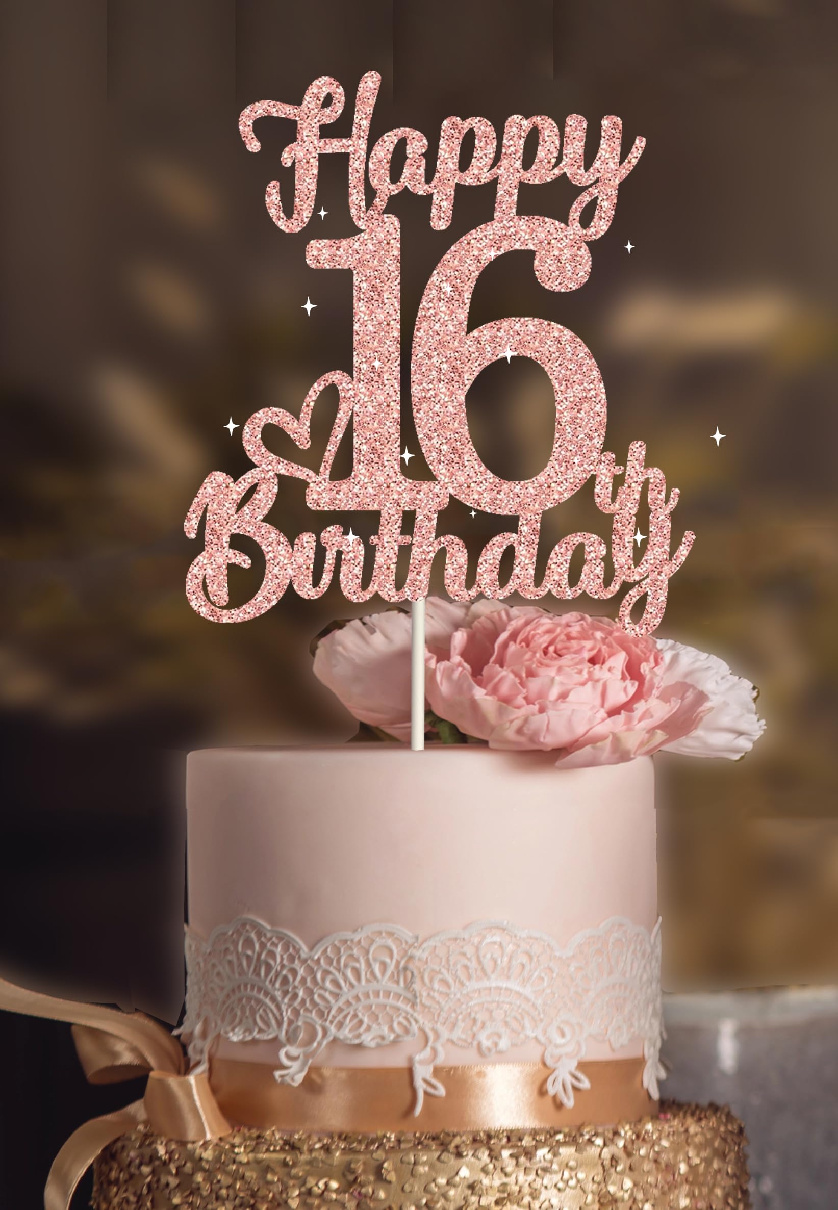 Amazon.com: 16 Birthday Cake Toppers-Rose Gold Glitter, Happy 16th Cake ...