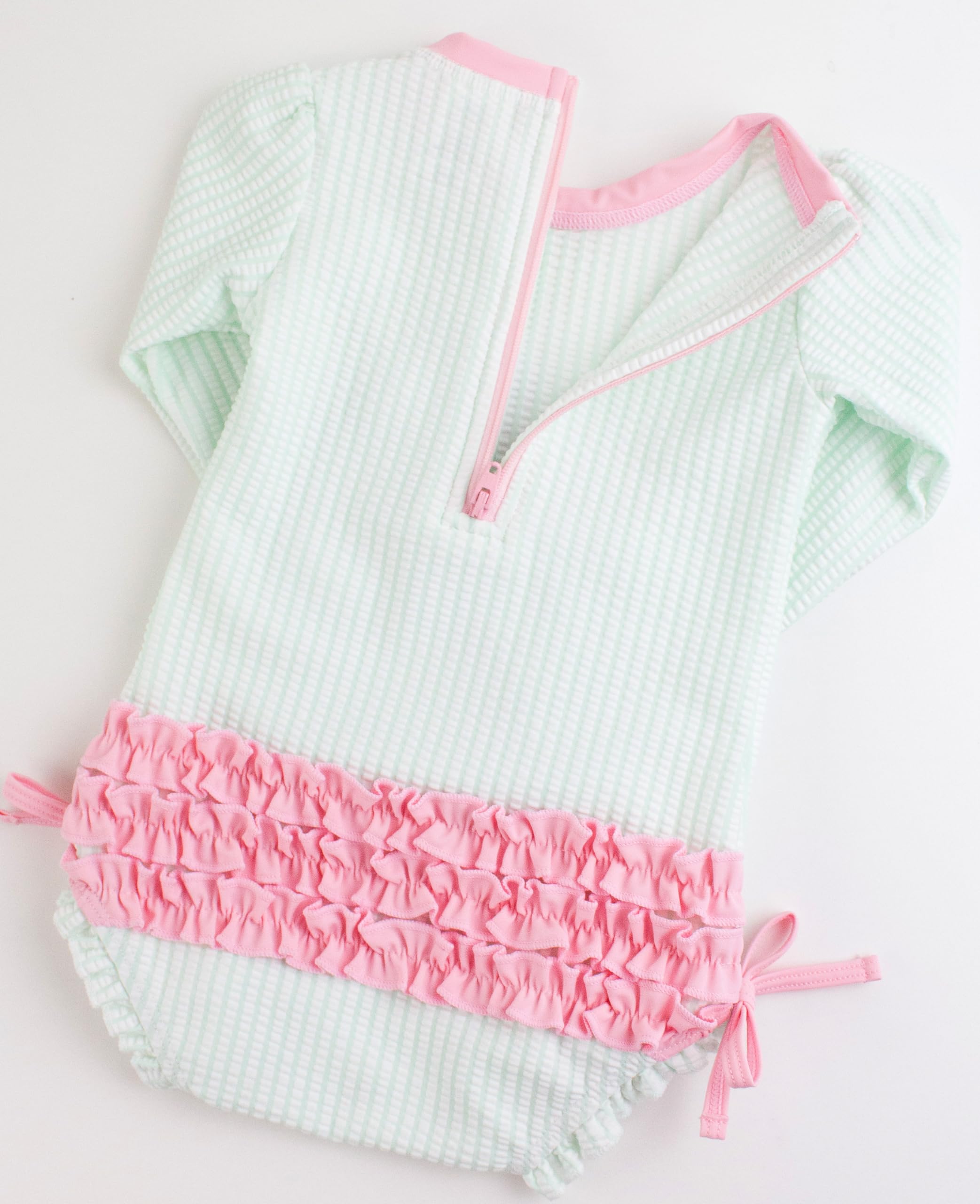 Snapklik.com : RuffleButts Mint Seersucker Long Sleeve One Piece Rash Guard