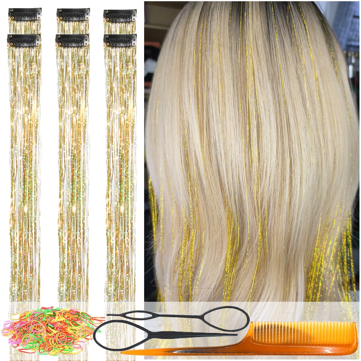 Amazon.com : CelineBella Clip in Hair Tinsel Kit Gold Tinsel Hair ...
