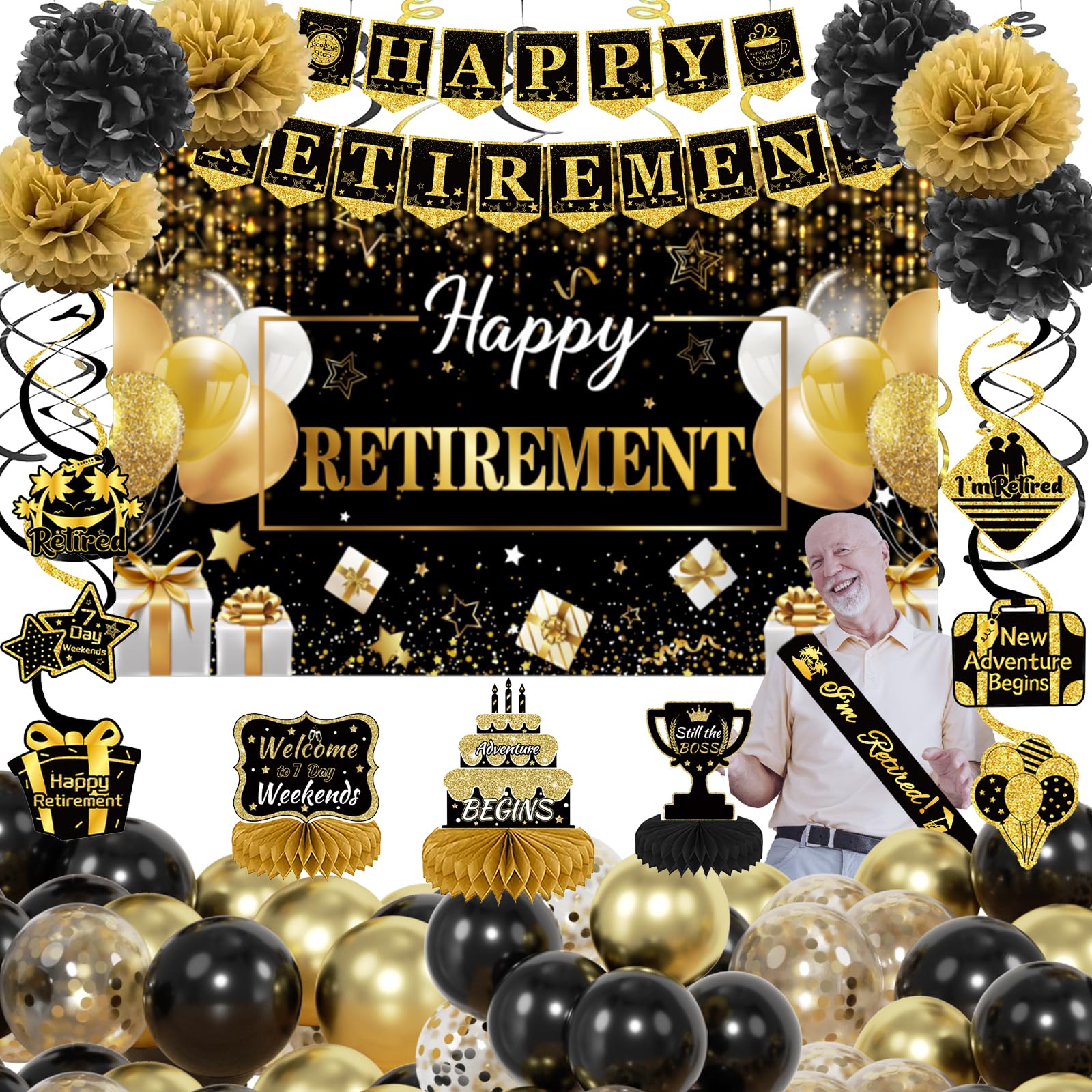 Amazon.com: 88pcs Retirement Party Decorations for Men Women,Black Gold ...