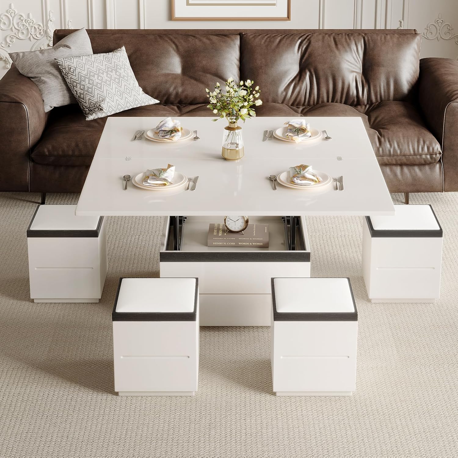 Amazon.com: Guyii 47" Lift Top Coffee Table with Storage Stools Convert ...