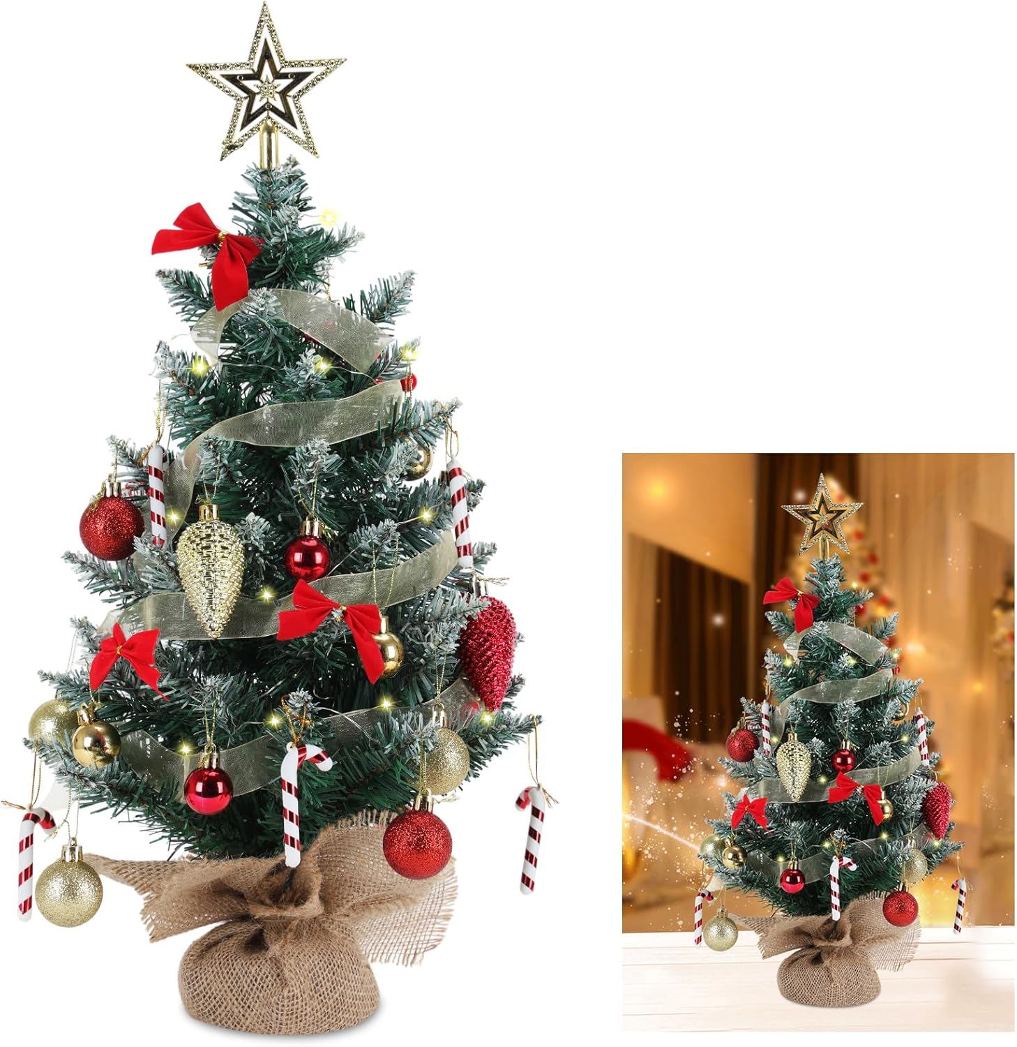 LYtech Tabletop Christmas Tree 60cm Mini Prelit Xmas Trees with LED ...