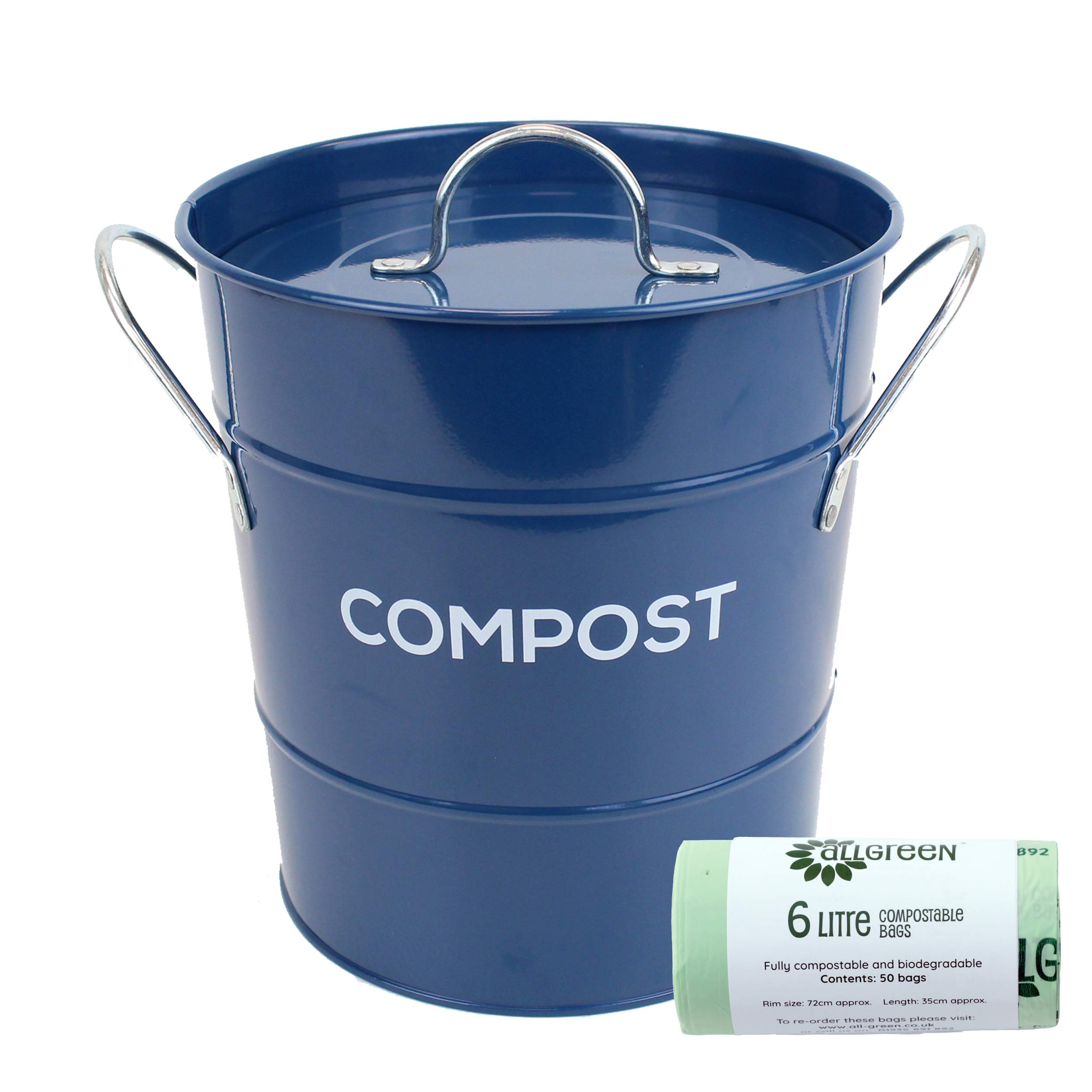 Dark Blue Metal Kitchen Compost Caddy & 50 x 6L All-Green Compostable ...