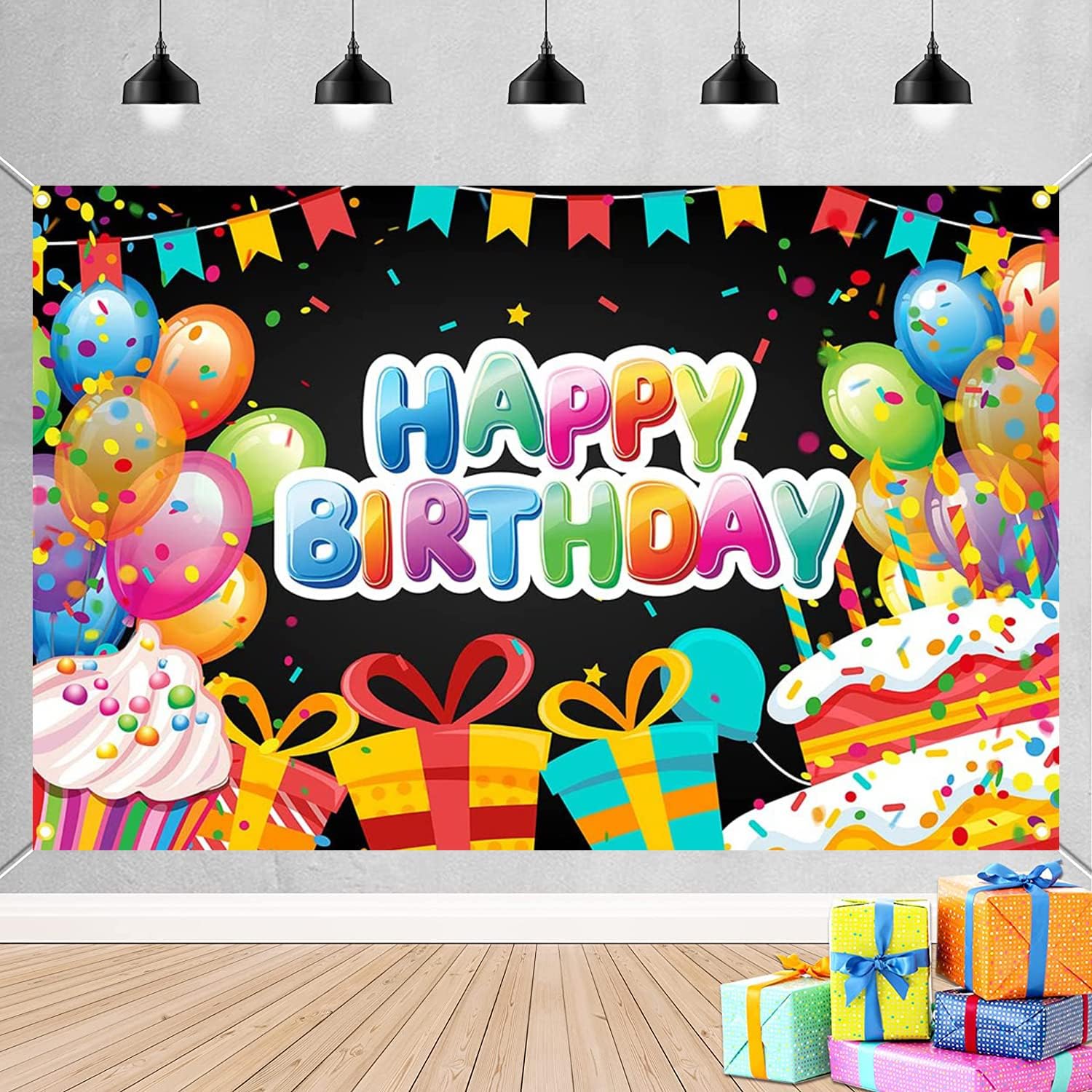 Amazon.com : Colorful Happy Birthday Backdrop Colorful Balloon Cake ...