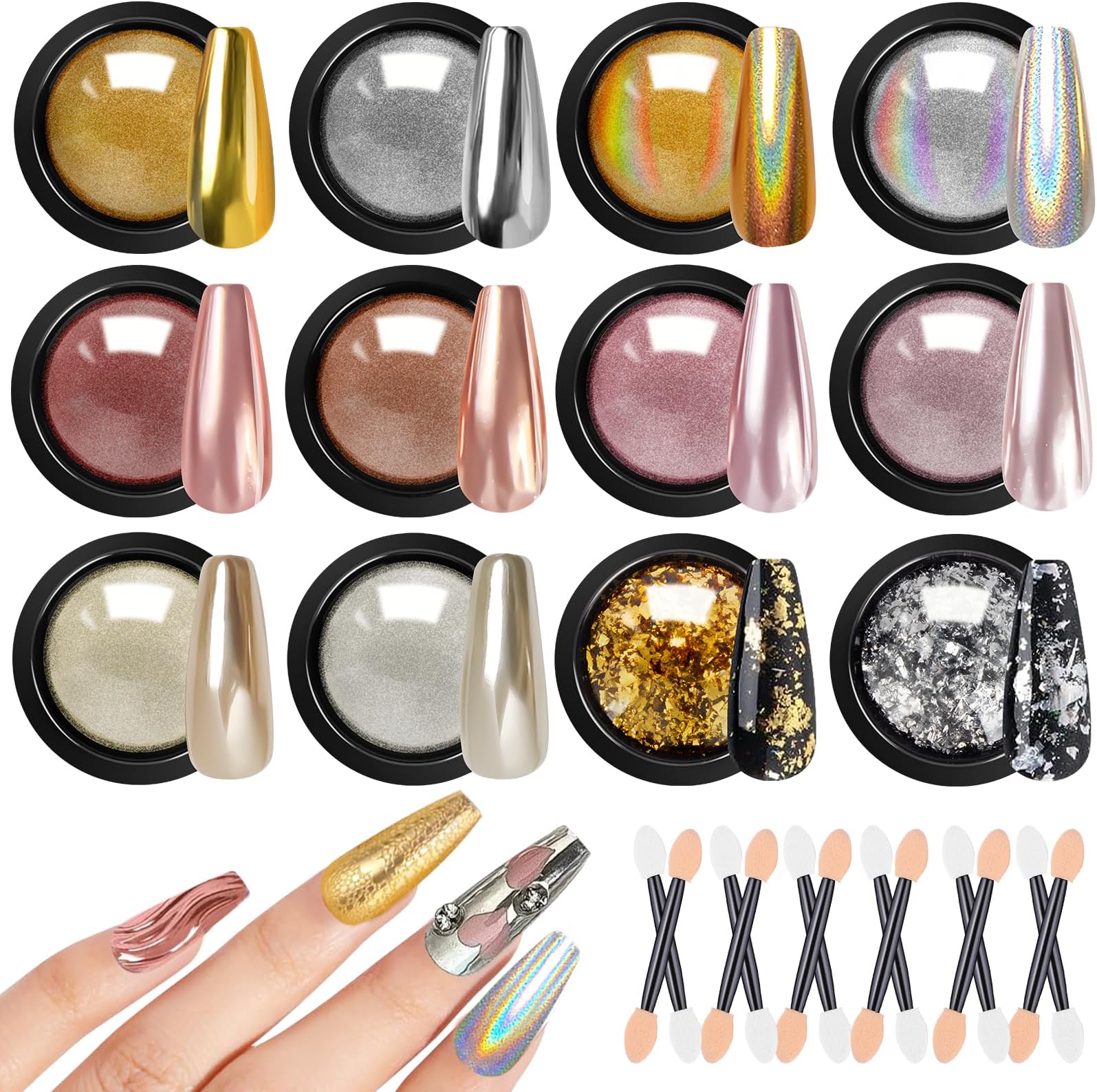 Amazon.com: Gold Silver Chrome Nail Powder, 12 Colors Iridescent ...
