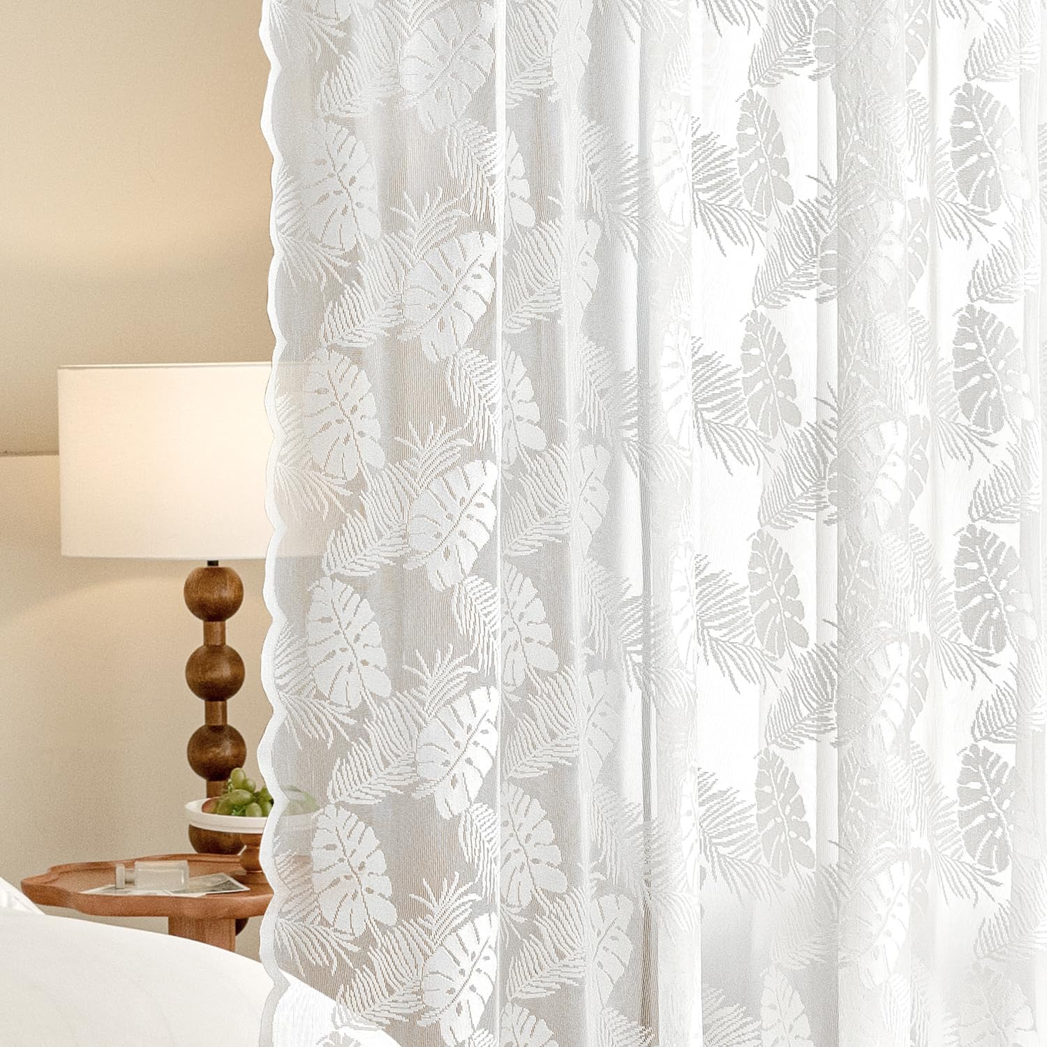 Amazon.com: EMEMA White Sheer Lace Curtains 84 Inches Long, Leaf Pattern Curtains for Bedroom ...