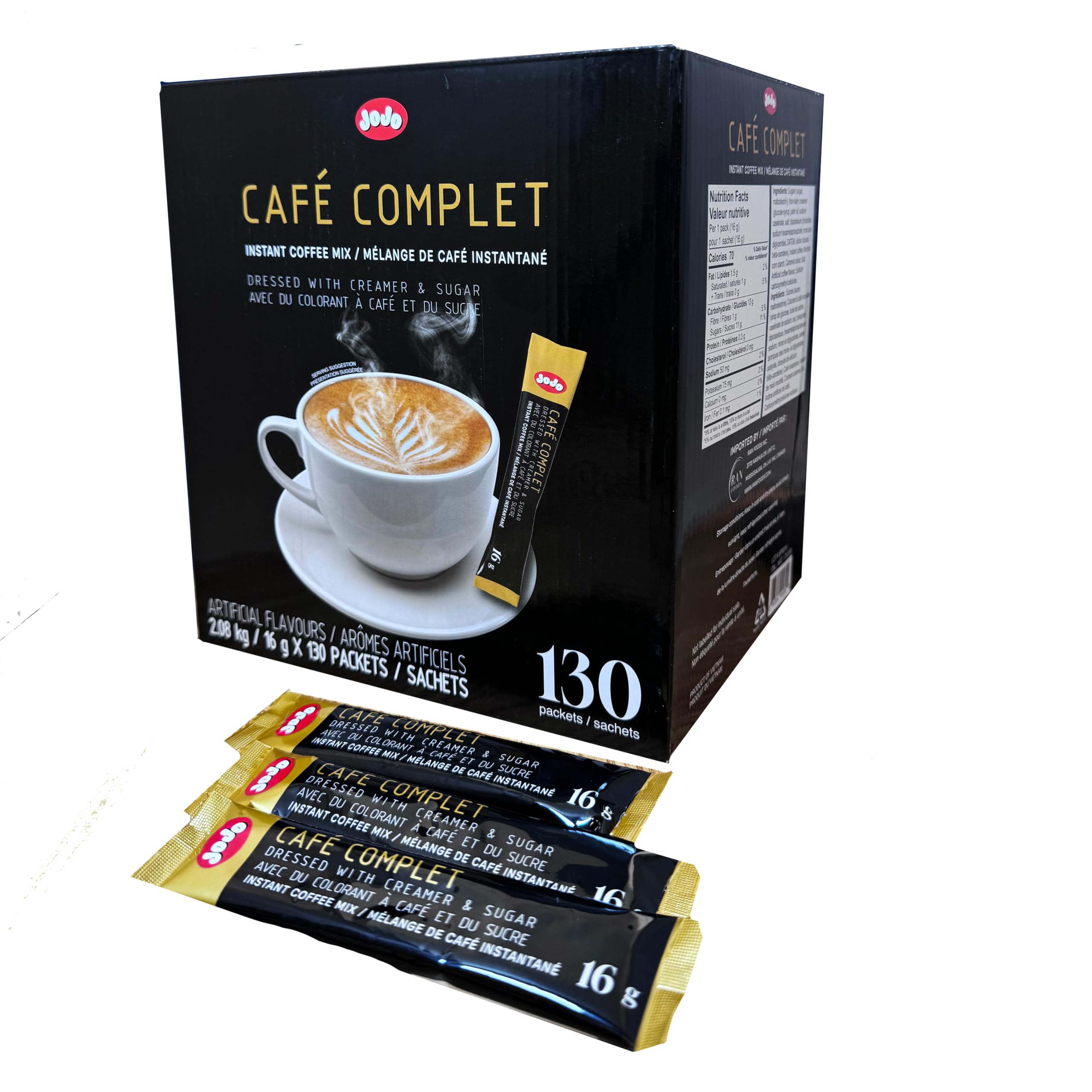 JoJo Cafe Complet 3 in 1 Instant Coffee Mix, Dressed with Creamer and Sugar, 130 x 16g Packets ...