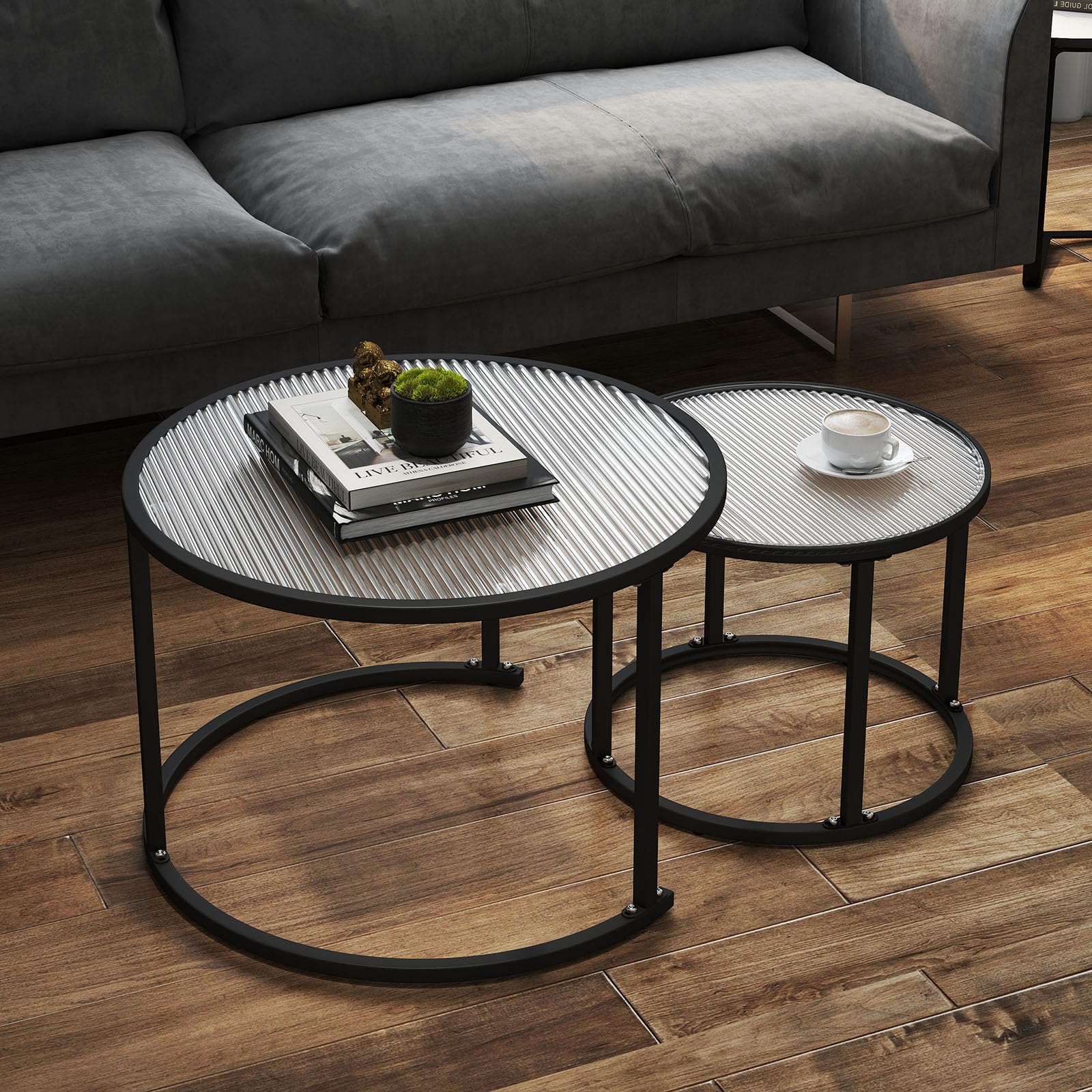 Amazon.com: Tempered Glass Black Round Coffee Table Set of 2,Stacking ...