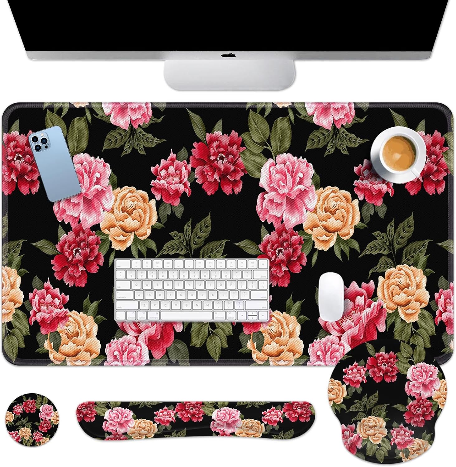 Amazon.com: Arttown Flower Red Rose Desk Mat, Tropical Green Leaves ...
