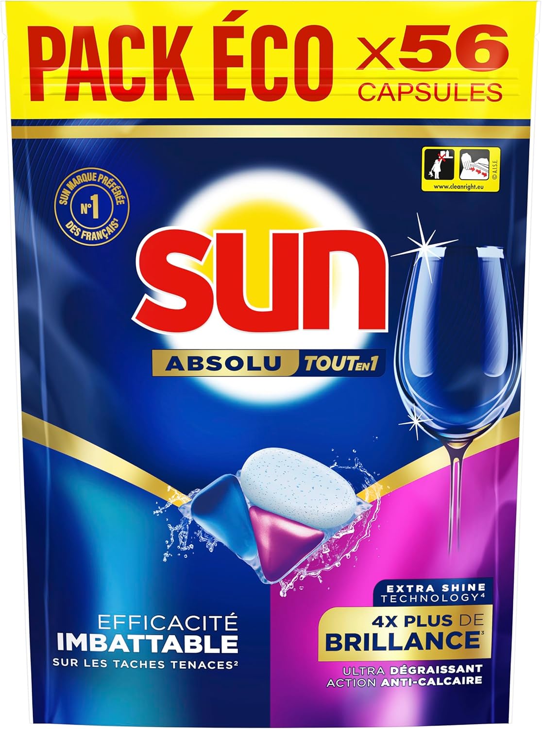 SUN - Absolu Pastilles Lave-Vaisselle Tout-en-1 Brillance - 56 capsules ...