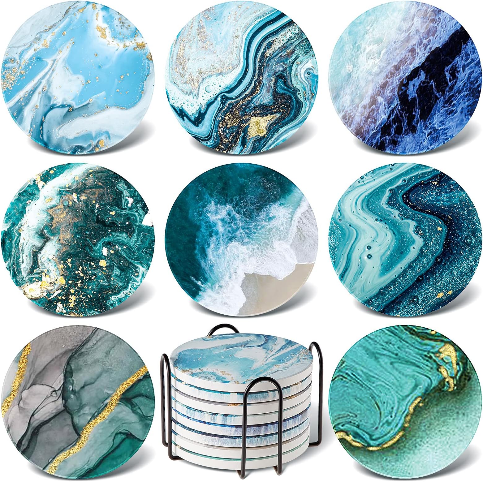 Amazon.com | 8 Pieces Coasters for Drinks with Holder, Marble Ocean ...