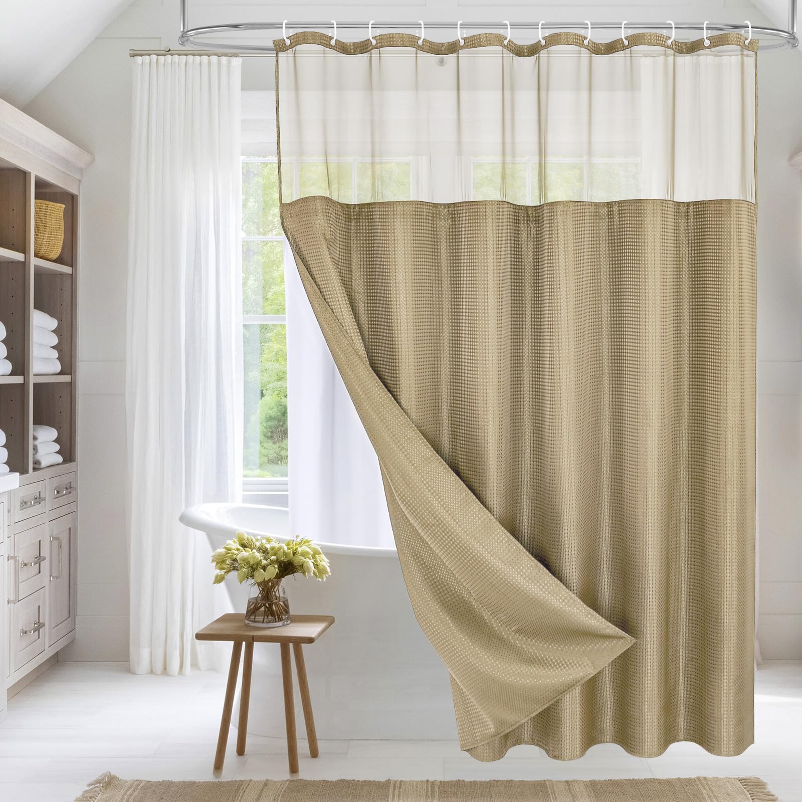 Amazon.com: MitoVilla Beige Waffle Shower Curtain with Snap-in Liner ...