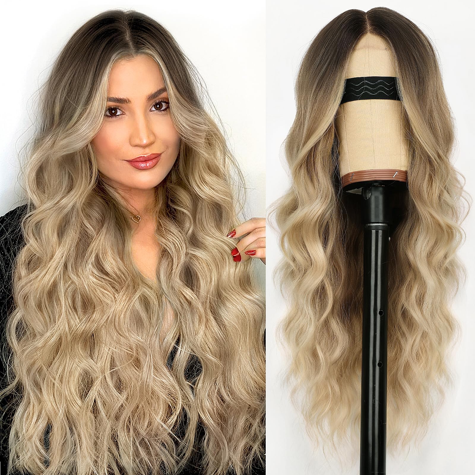 Amazon.com : Nnzes Long Blonde Wavy Wig for Women Middle Part Curly ...