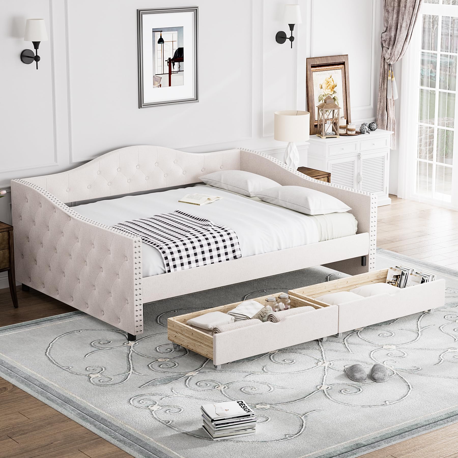 Amazon.com: OUYESSIR Daybed with 2 Storage Drawers, Upholstered Full ...