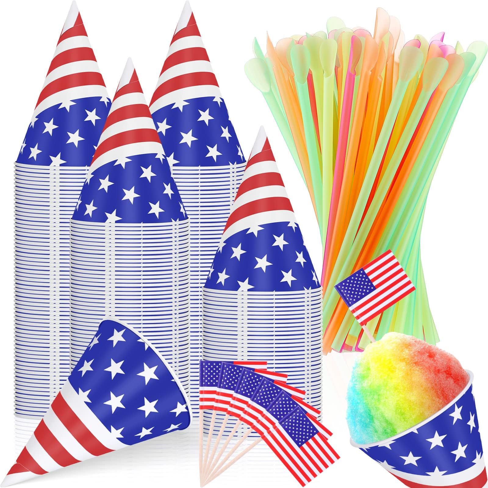 Amazon.com: Disposable Snow Cone Cups and Spoon Straws American USA ...
