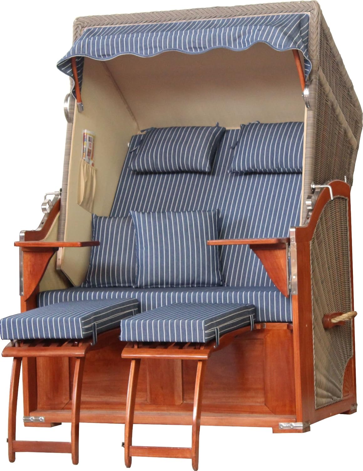 Strandkorb Juist Mahagoni PE Grau Dessin Royal Blau fertig aufgebaut ...