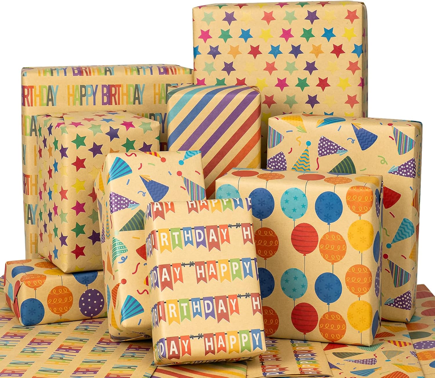 RUSPEPA Kraft Wrapping Paper Sheets - Happy Birthday Design - 12 Folded ...