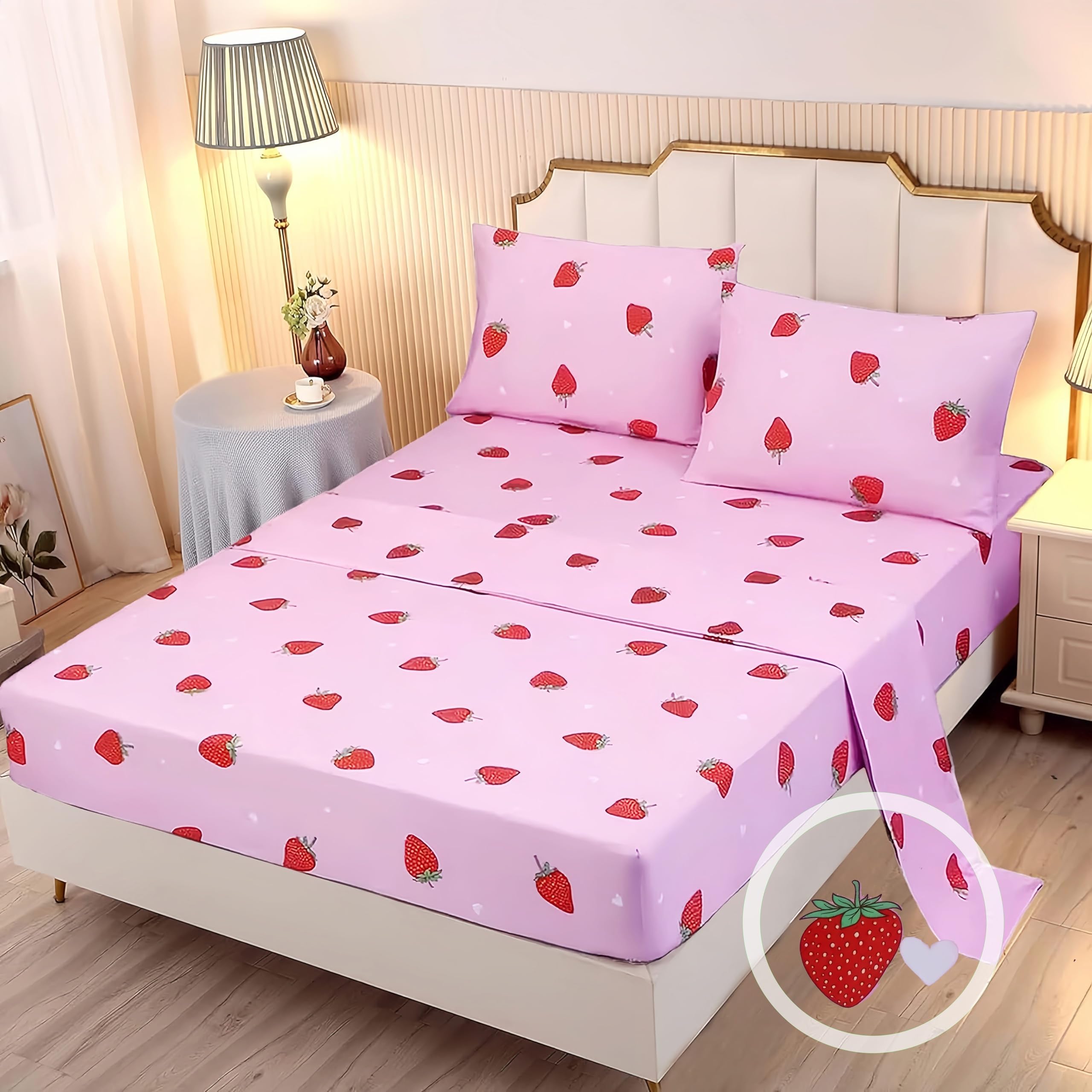 Amazon.com: SDY 4PCS Strawberry Bedding Sheets,Full Size Red and Pink ...