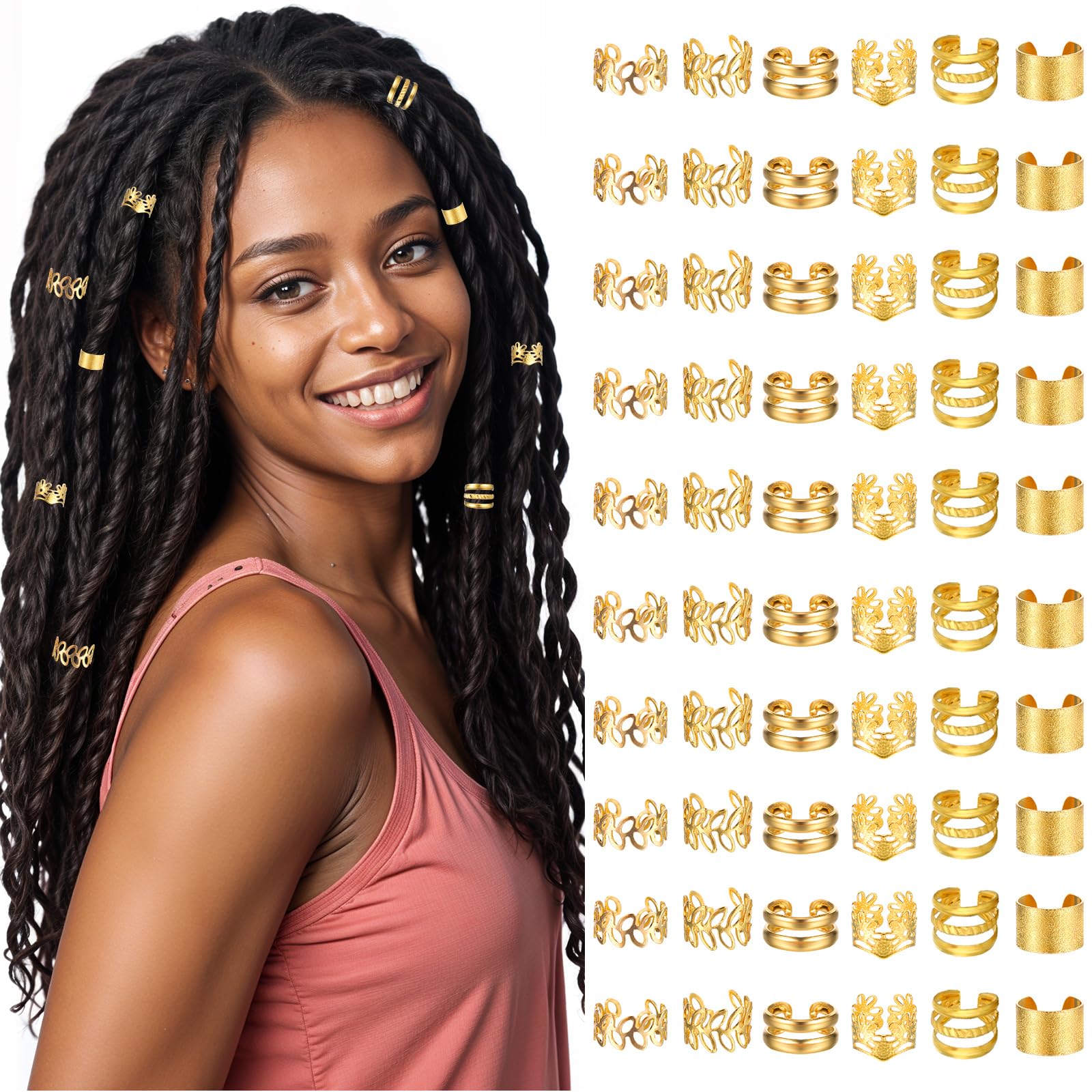 Prasacco 60 Pcs Gold Hair Jewelry for Braids, Gold Hair Cuffs Loc ...