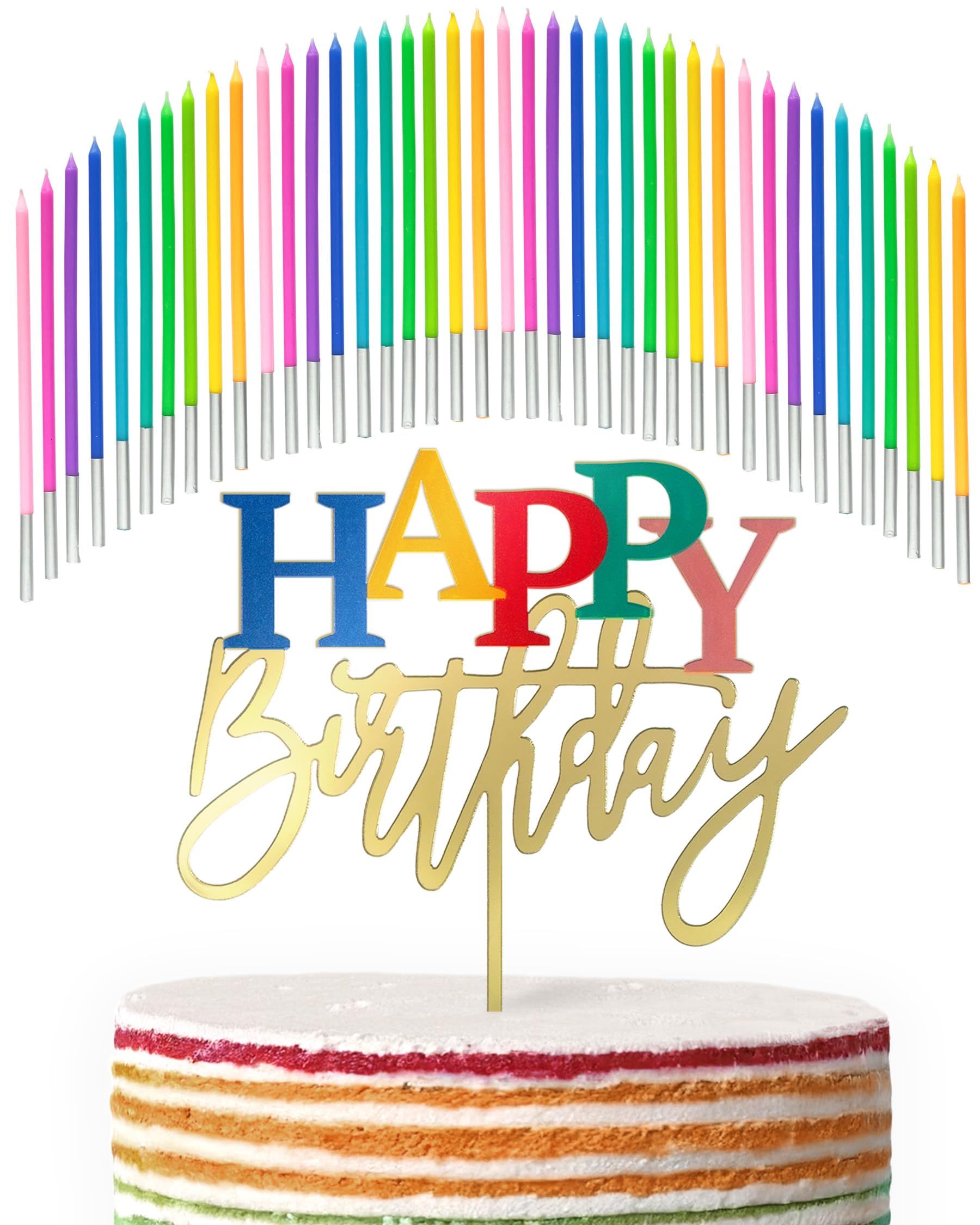 Amazon.com: 40 Pcs Rainbow Birthday Candles and 1 Pcs Acrylic Happy ...