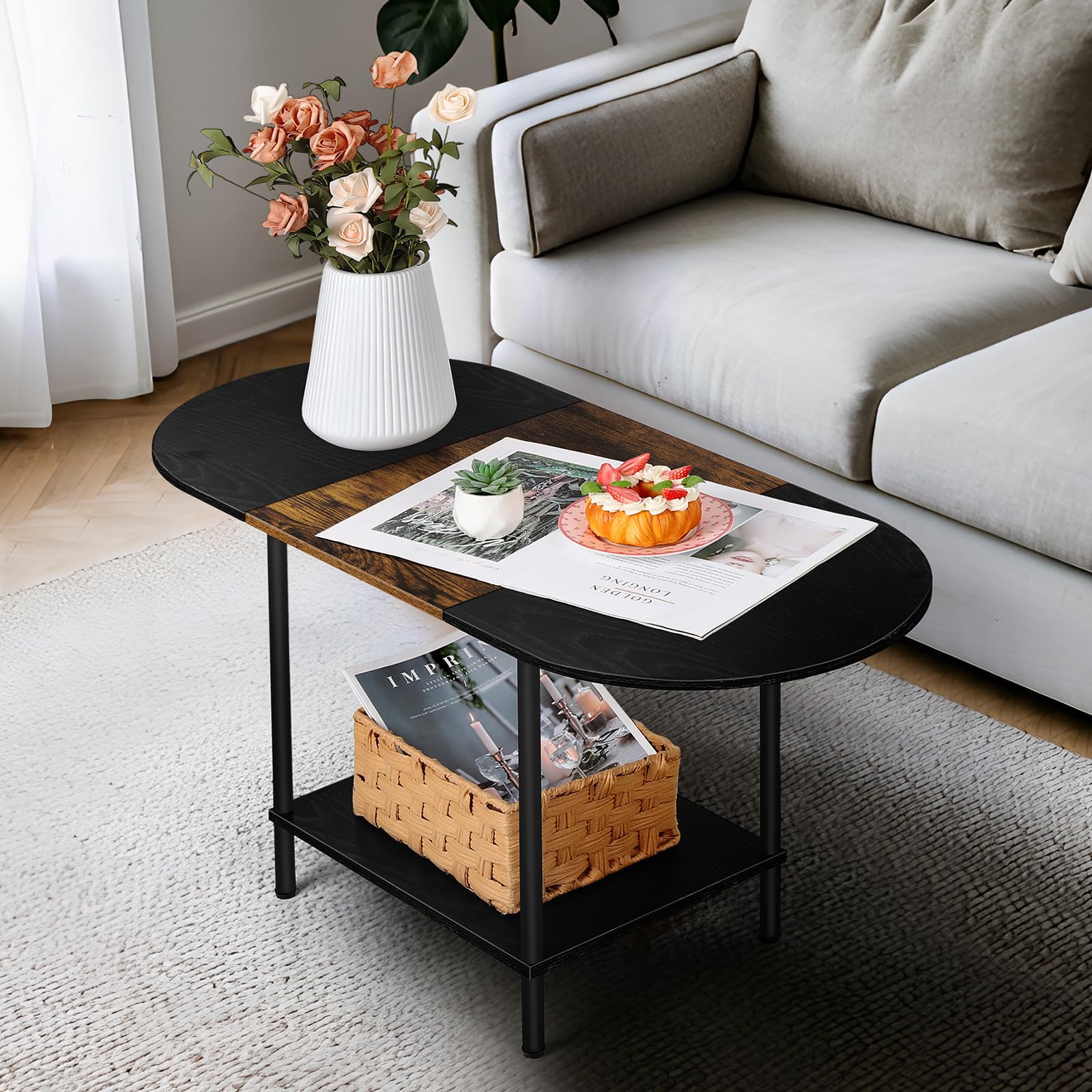 Amazon.com: Small Round Coffee Table, 2-Tier Oval Center Table with ...
