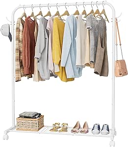 Clothes Rail, Portable Clothes Rack with Hook and Metal Storage Shelf ...